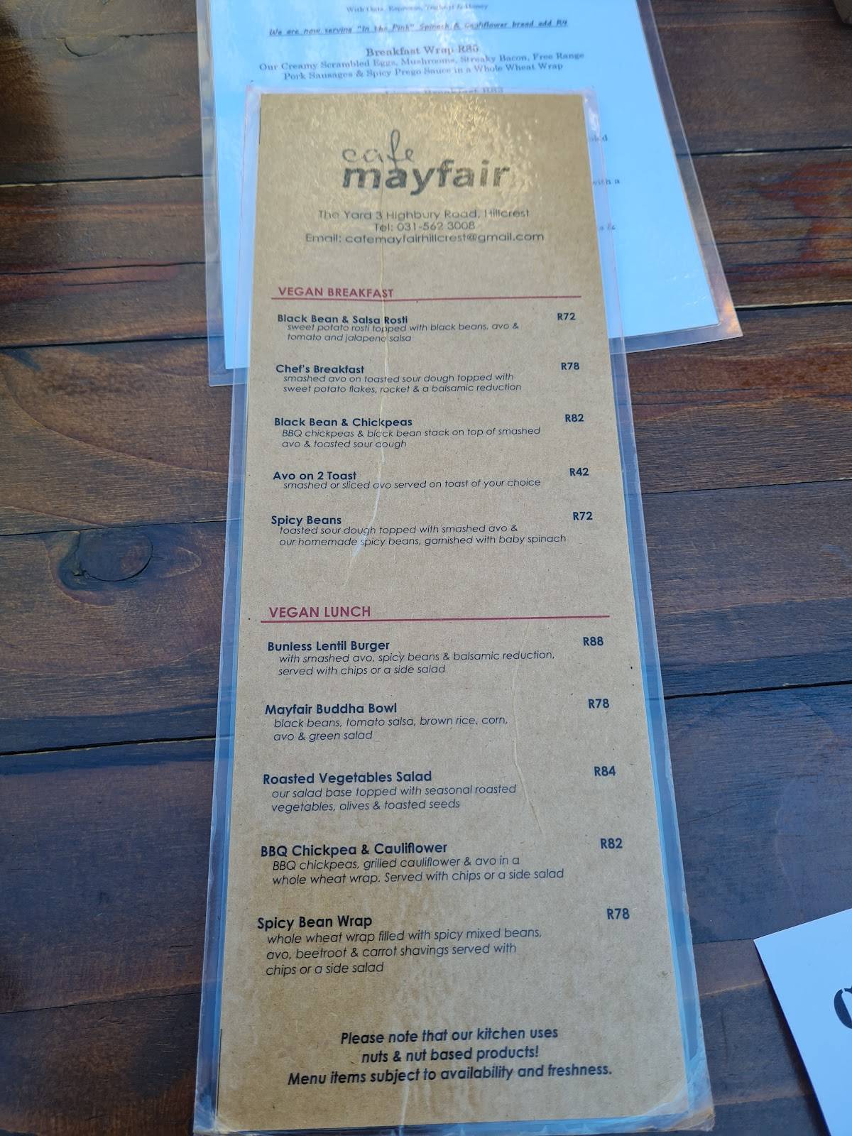 Menu at Cafe Mayfair Hillcrest, Outer West Durban