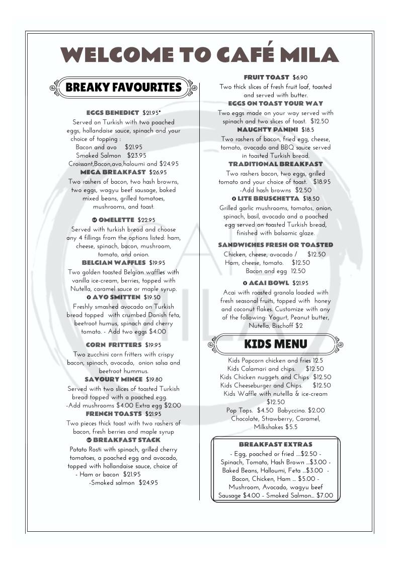Menu at Cafe Mila, Ormiston
