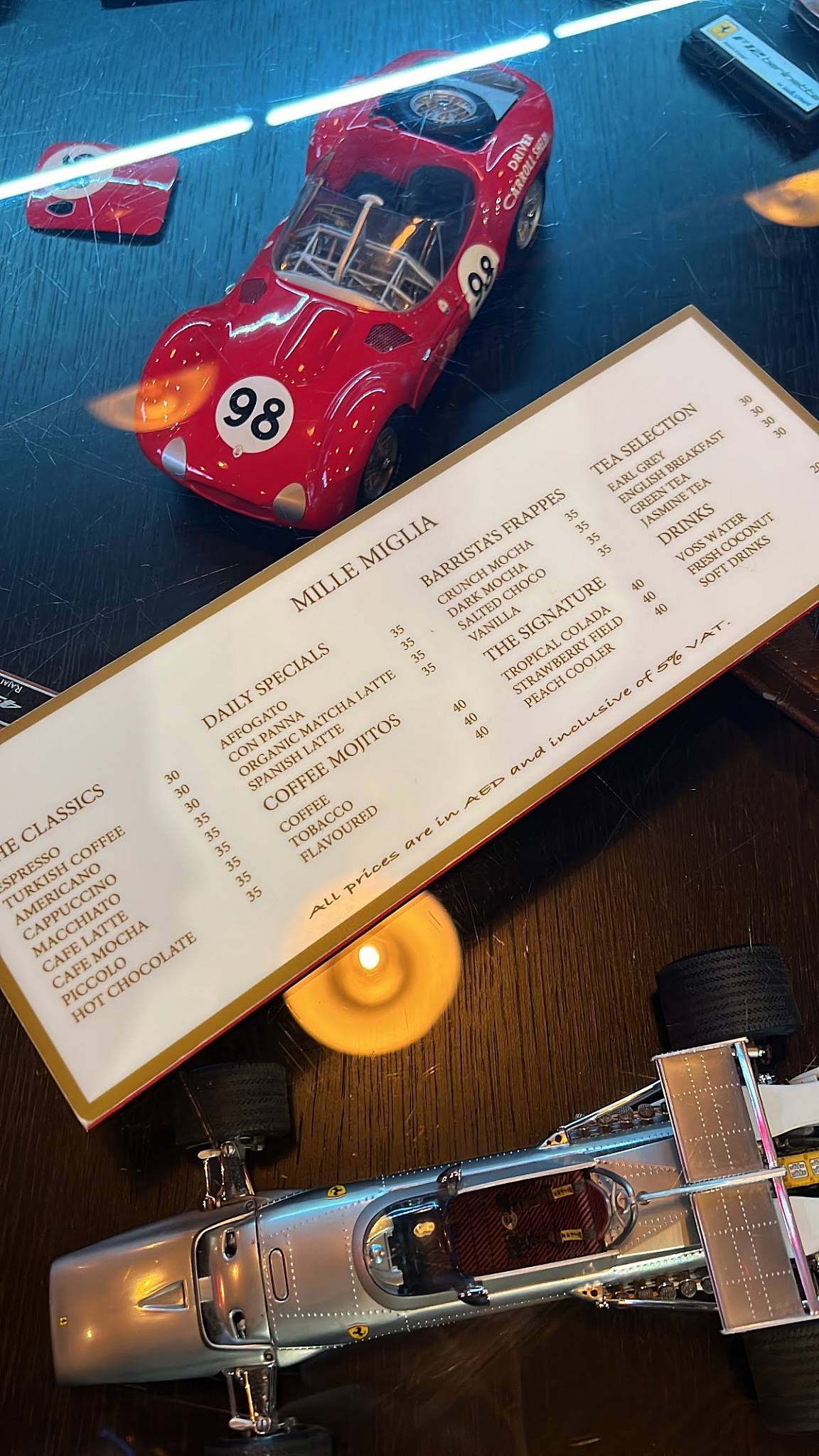 Menu at Mille Miglia Gallery and Cafe, Dubai