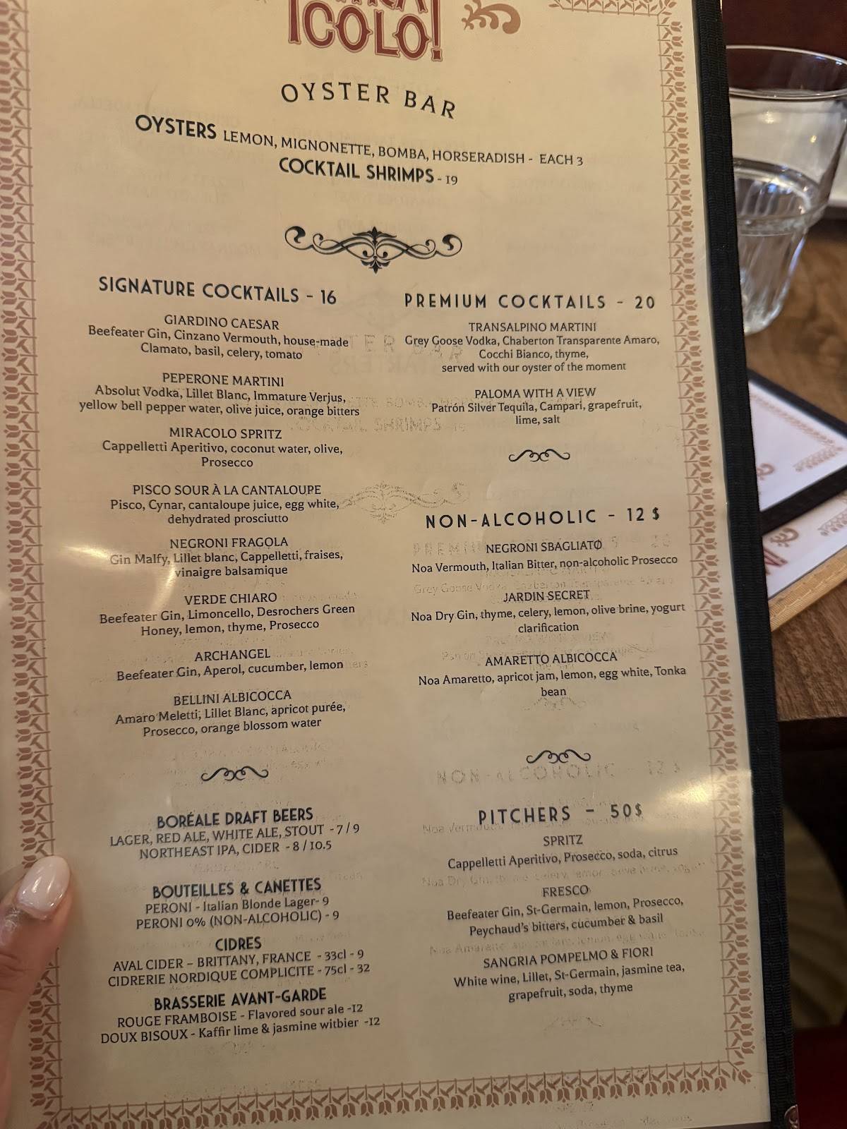 Menu au Café Miracolo, Montréal