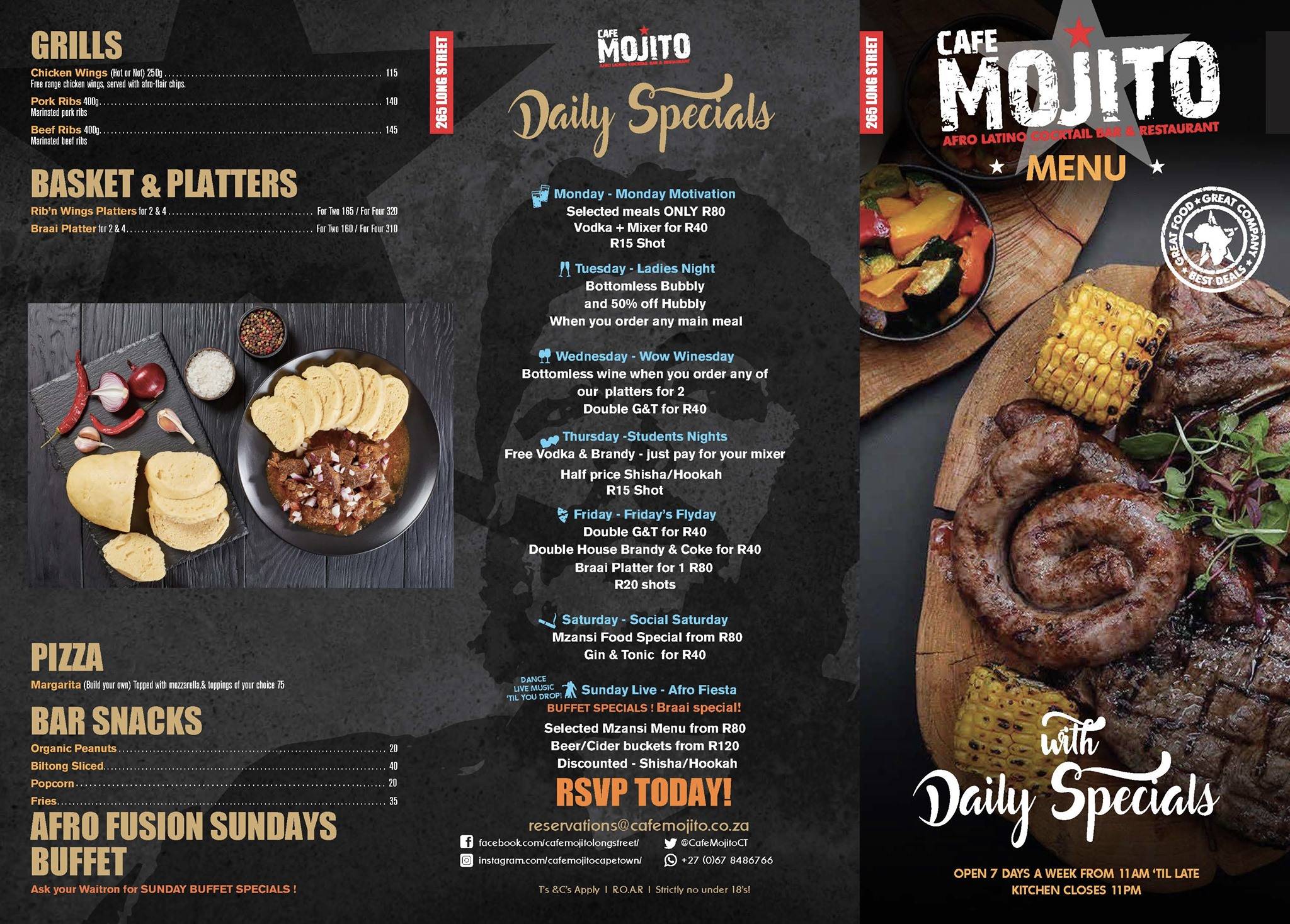 Menu at Cafe Mojito, Cape Town, 265 Long St