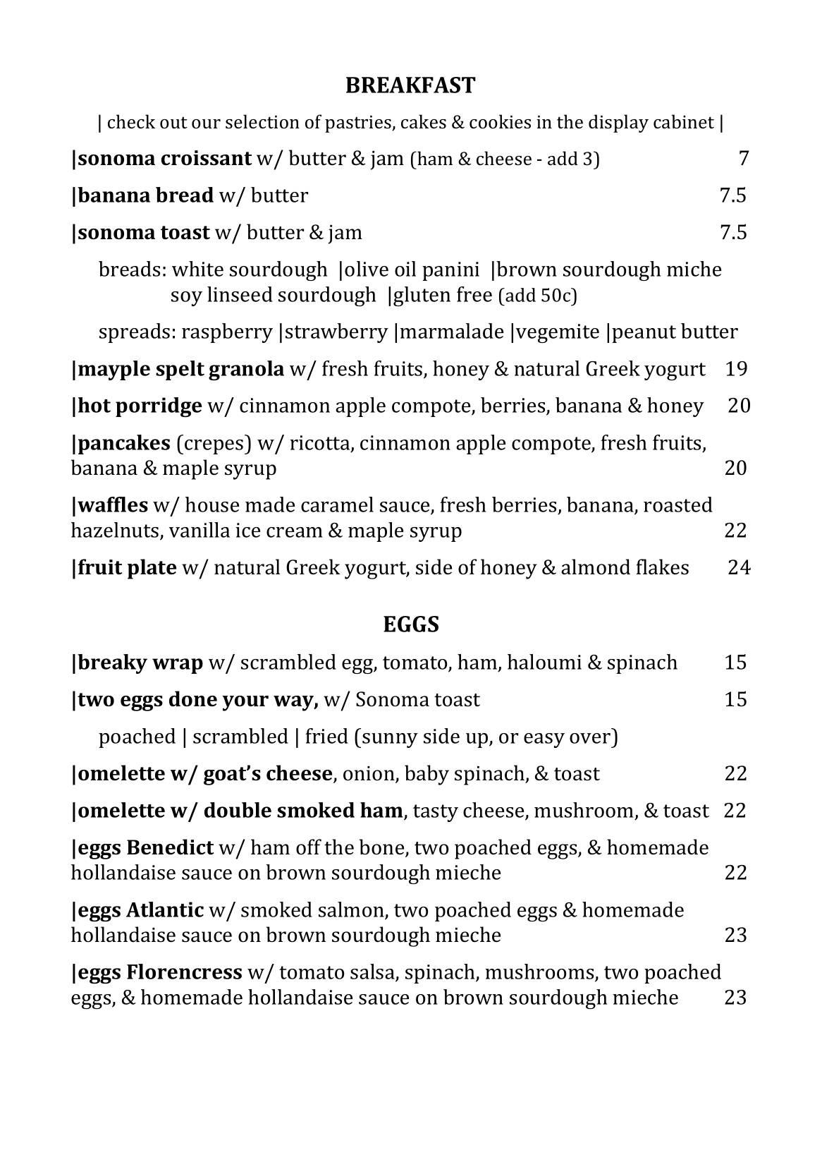Menu at Cafe Mosman, Mosman, 6/611 Military Rd