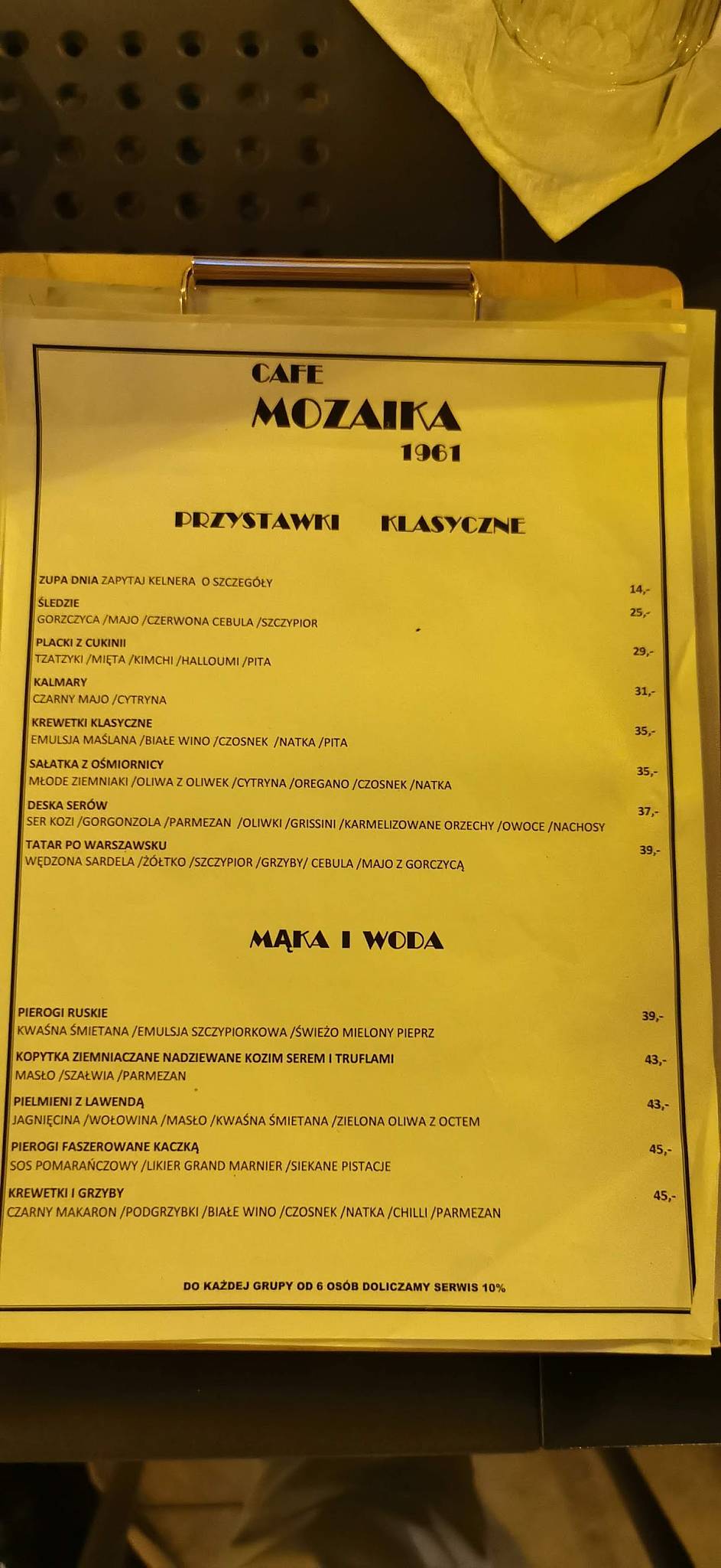 Menu at Café Mozaika cafe, Warsaw