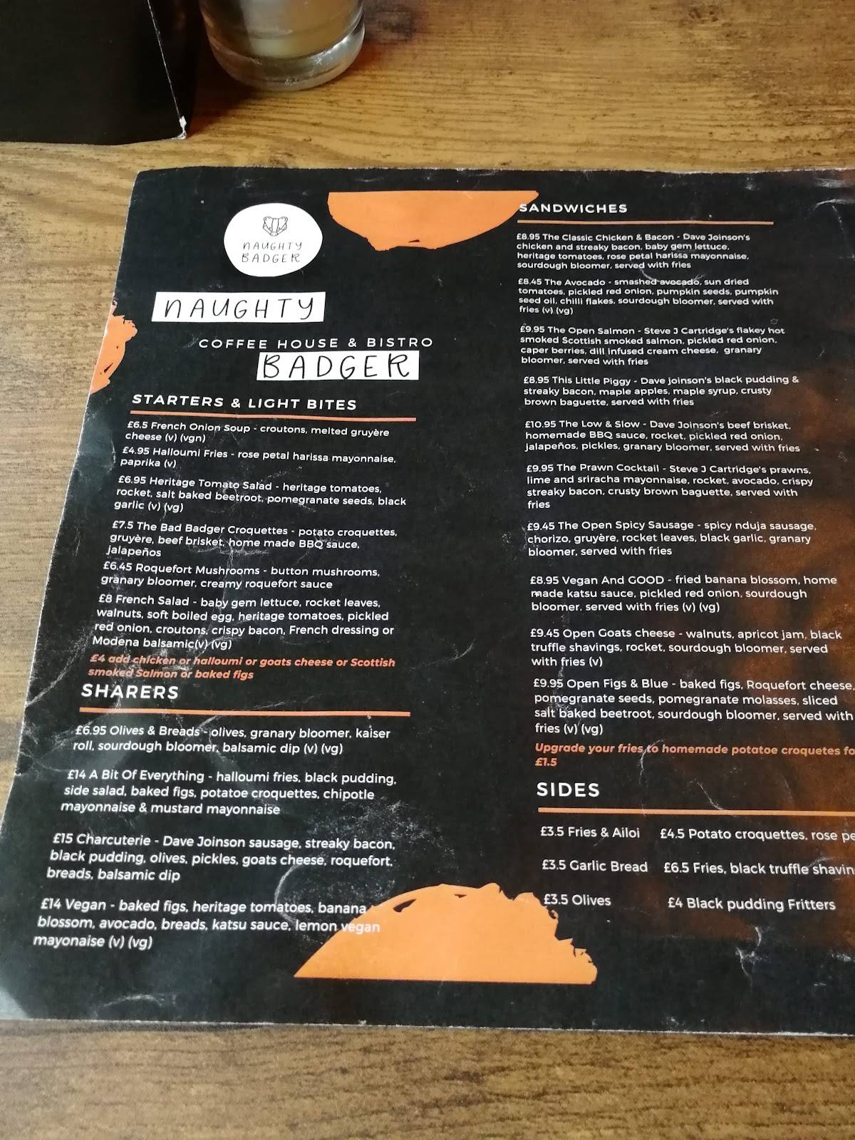 Menu at The Naughty Badger Bistro cafe, Chester