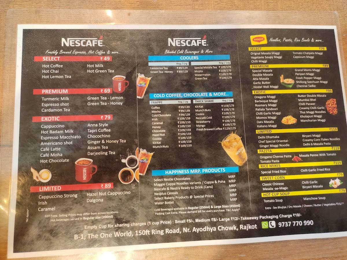Menu at Nescafé, Rajkot, The One World