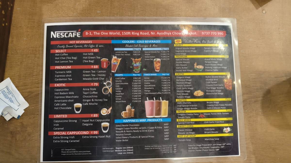 Menu at Nescafé, Rajkot, The One World