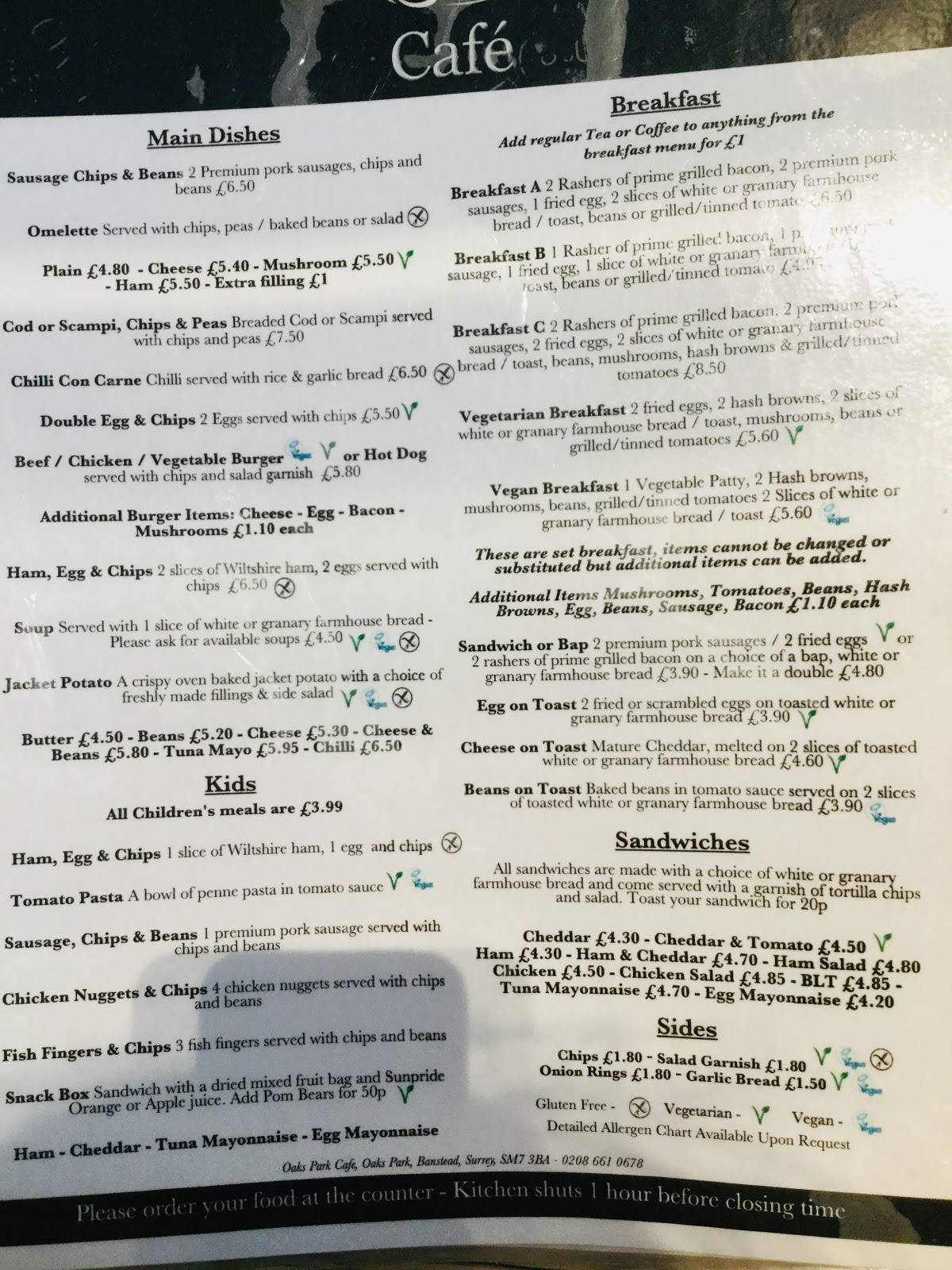 Menu at Oaks Park Cafe, Banstead