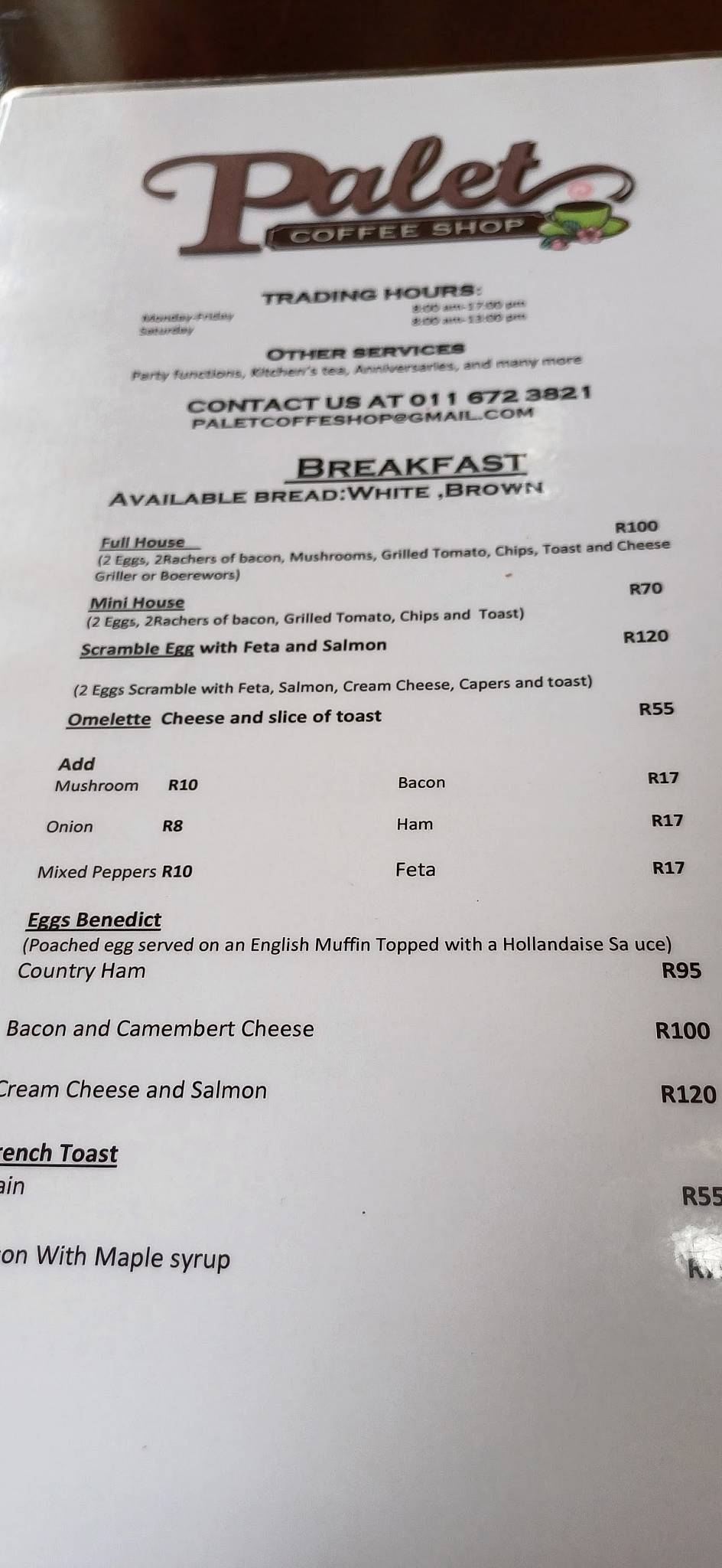 Menu at Palet Coffee Shop cafe, Roodepoort