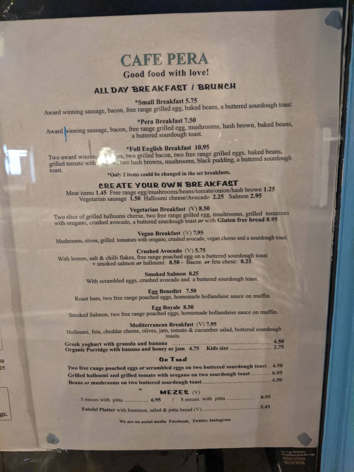 Menu at Cafe Pera, Twickenham