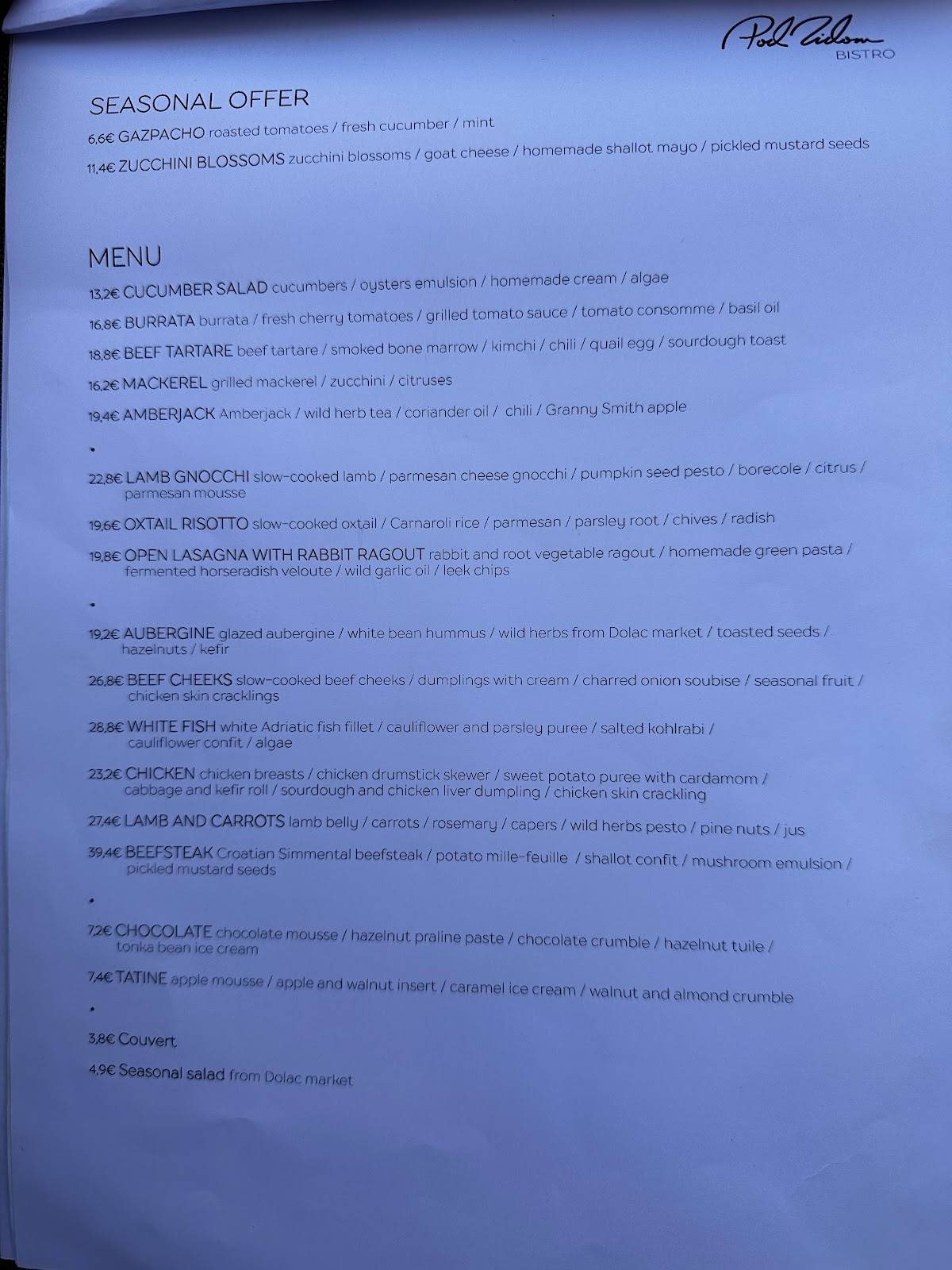 Menu at Pod Zidom Bistro cafe, Zagreb