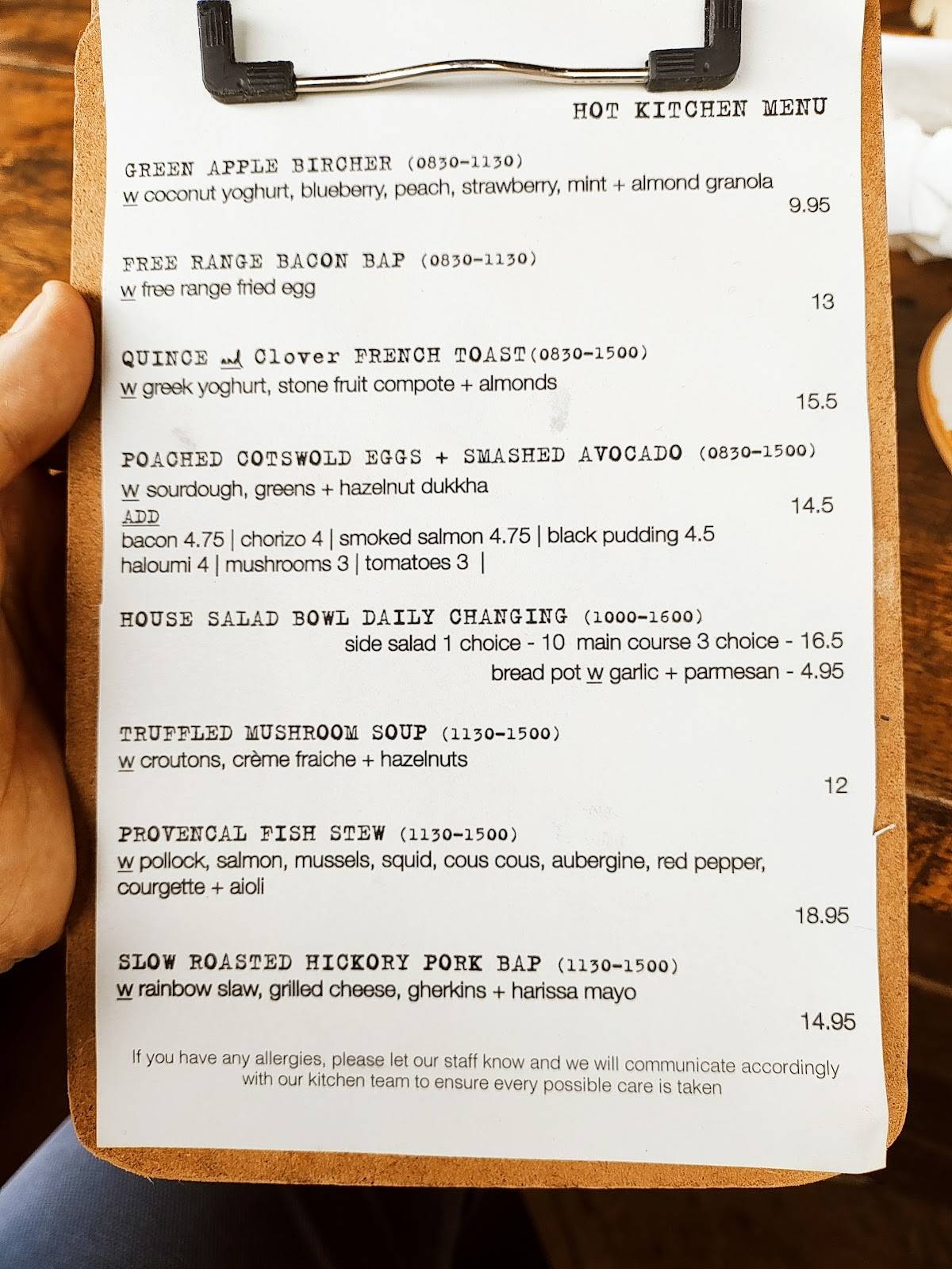 Menu at Quince and Clover at Great Tew cafe, England