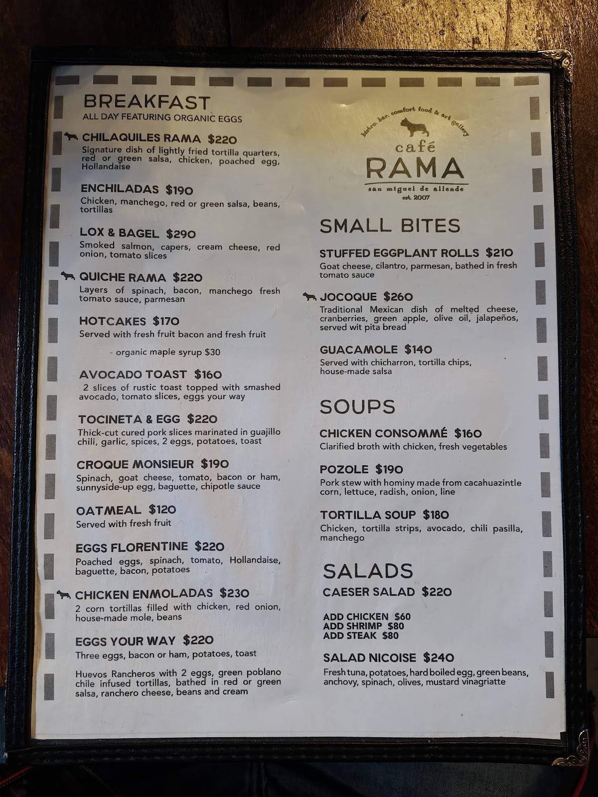 Menu at Café Rama, San Miguel de Allende, Nemesio Diez #7
