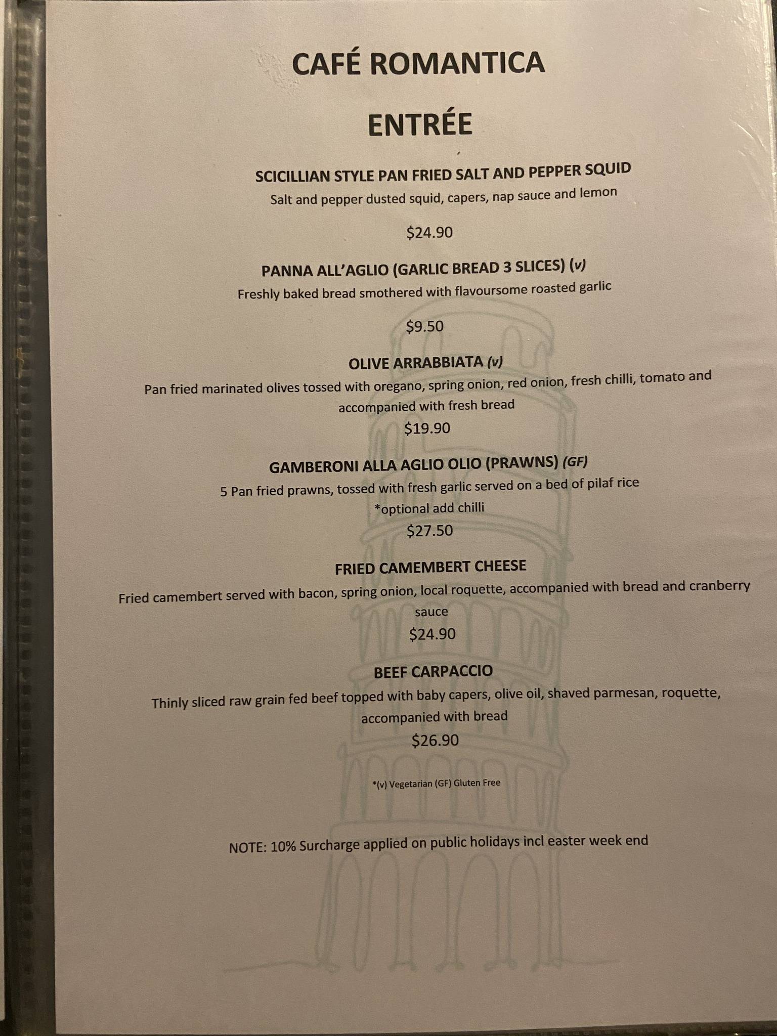 Menu at Cafe Romantica, Irymple