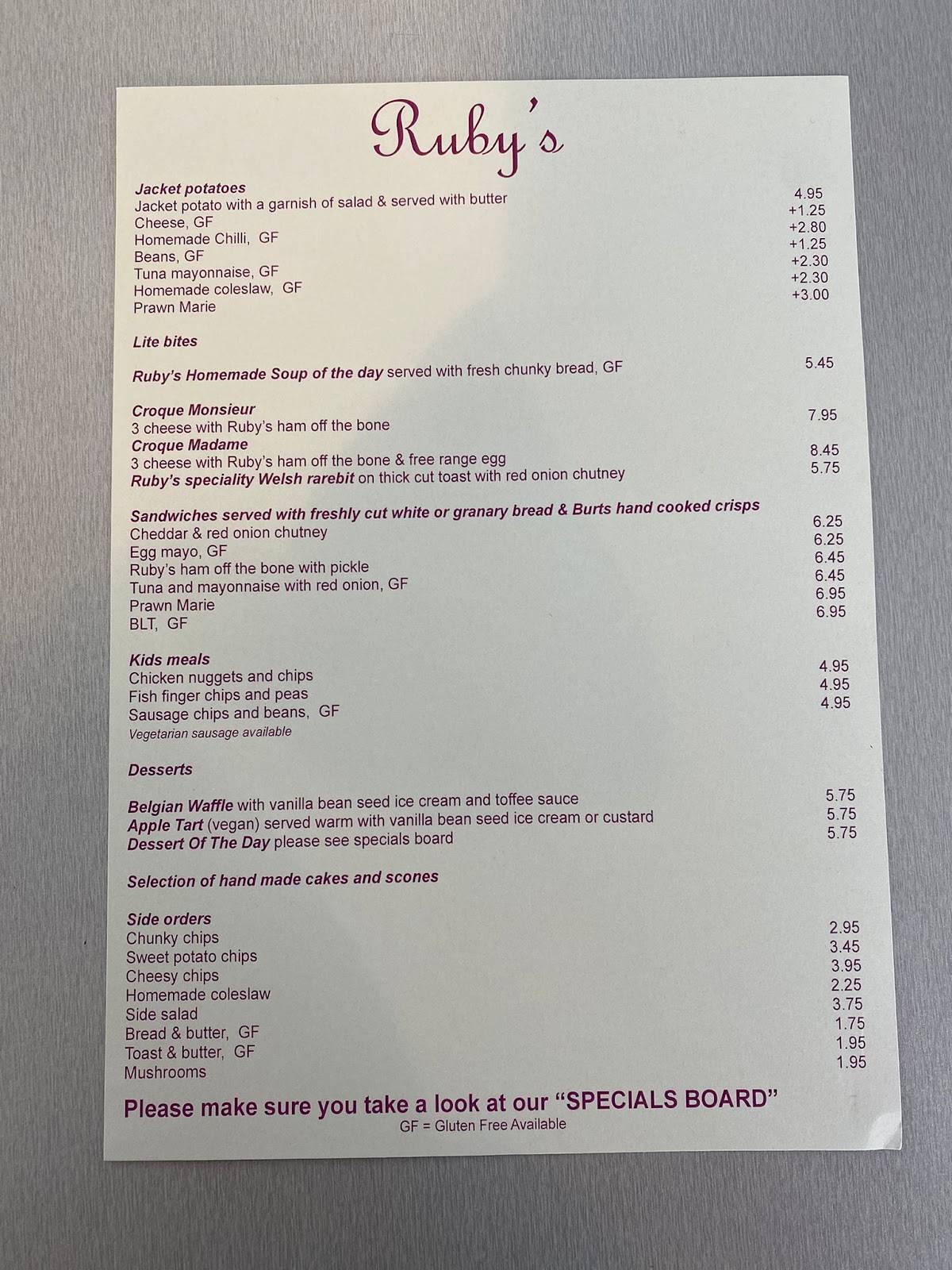 Menu at Ruby's cafe, Felixstowe