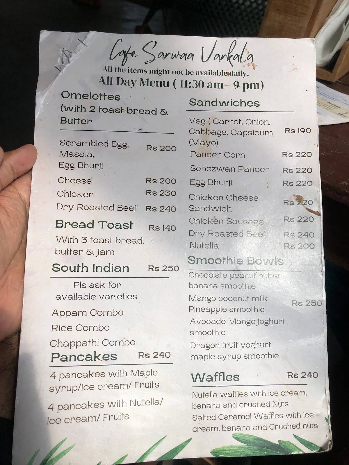 Menu at Cafe Sarwaa, Varkala