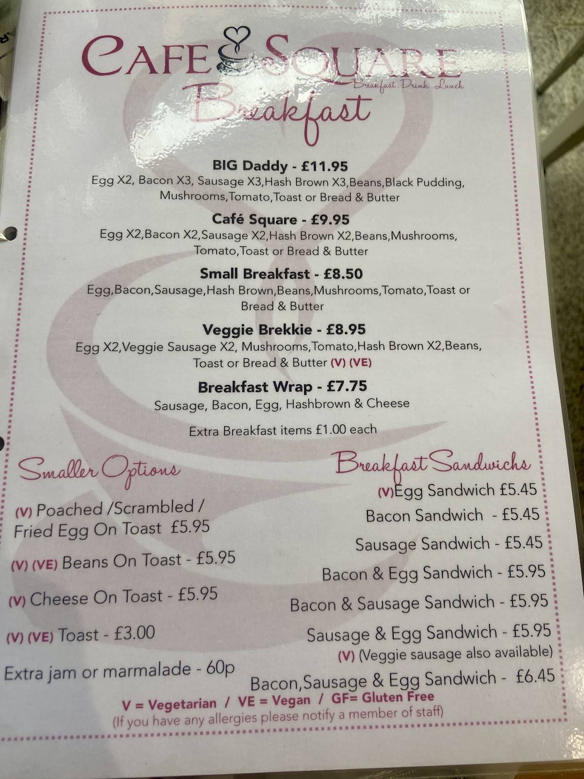 Menu at Cafe Square, Ilminster