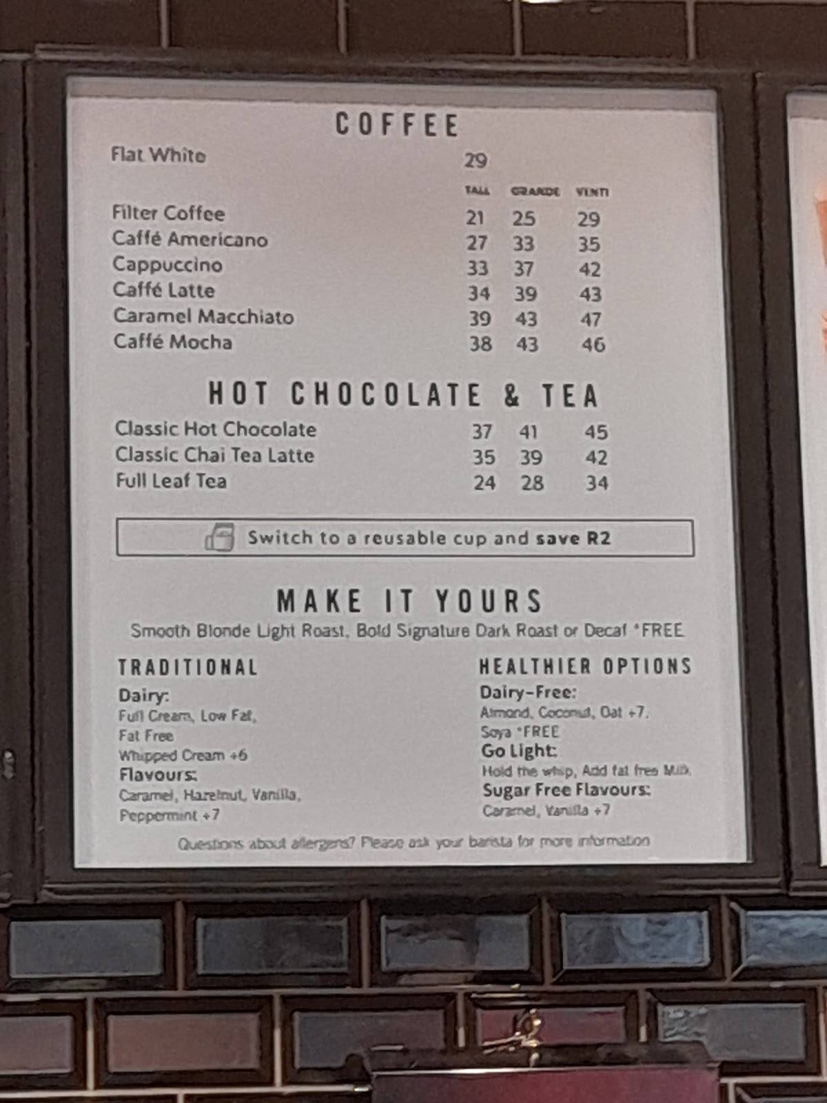 Menu at Starbucks Canal Walk cafe, Cape Town