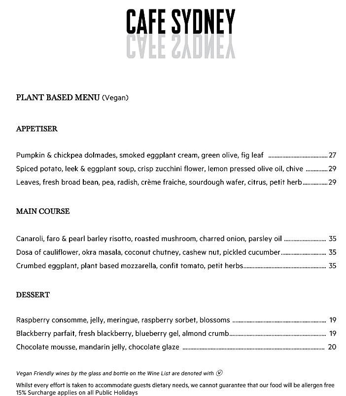 Menu at Cafe Sydney, Sydney, Level 5 Customs House