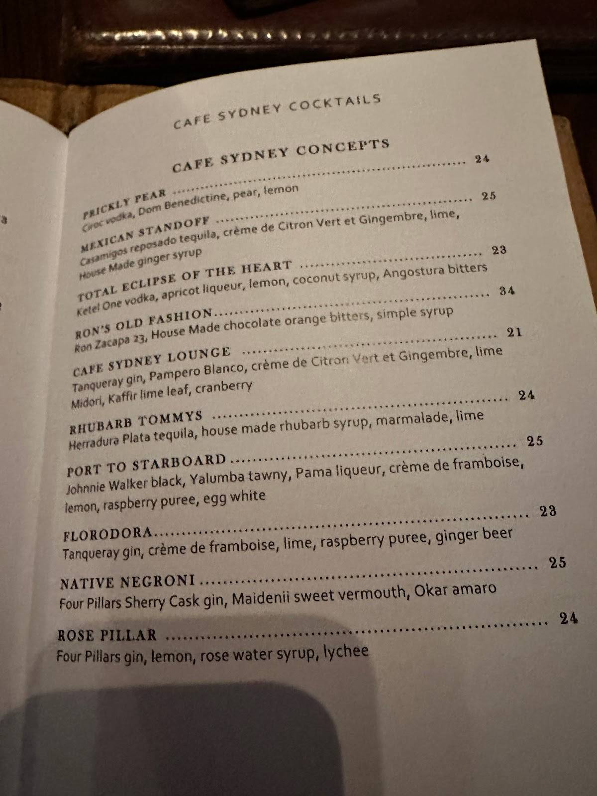 Menu at Cafe Sydney, Sydney, Level 5 Customs House