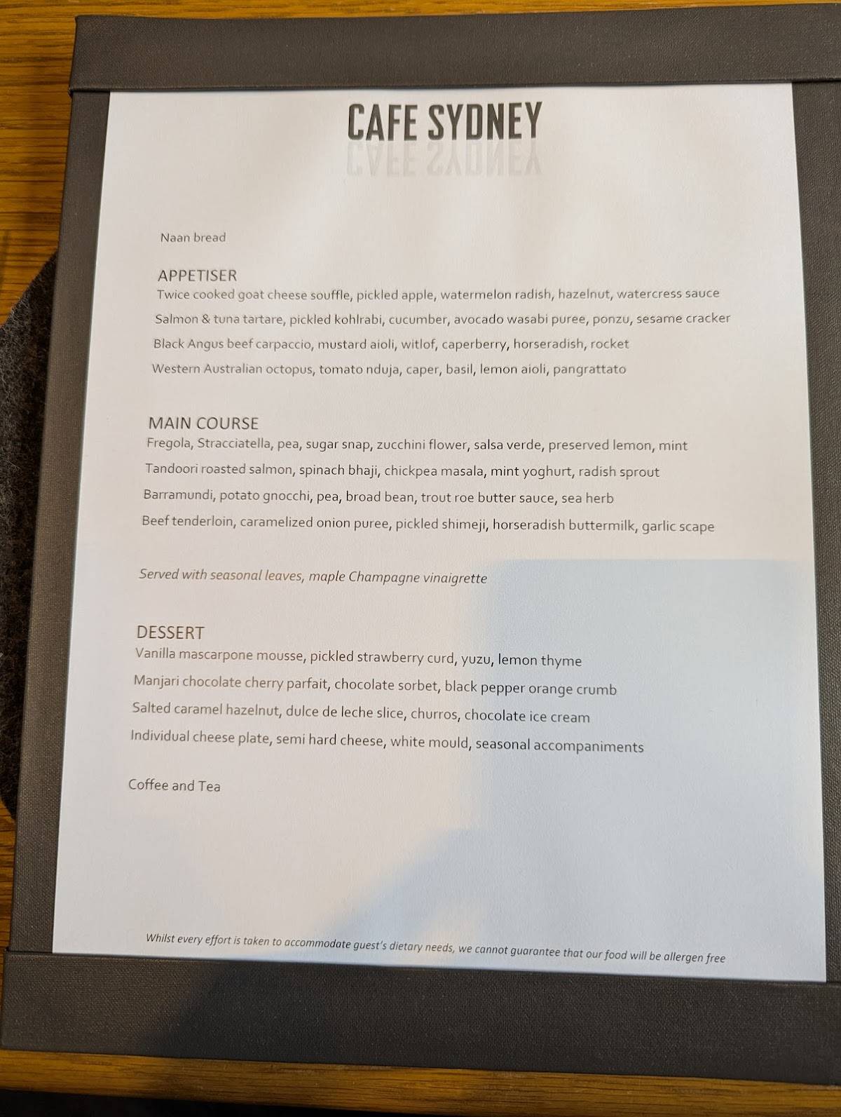 Menu at Cafe Sydney, Sydney, Level 5 Customs House
