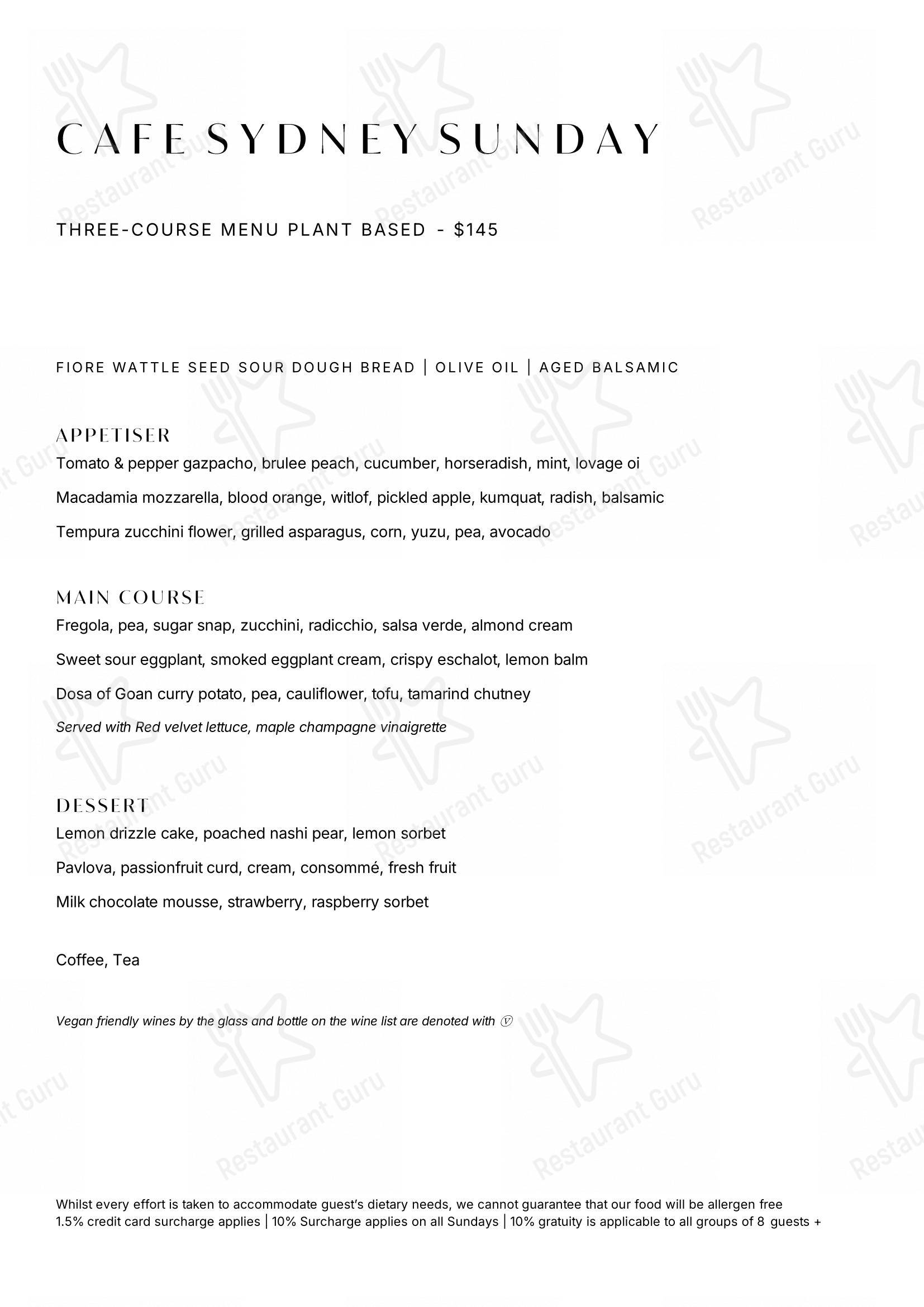Menu at Cafe Sydney, Sydney, Level 5 Customs House