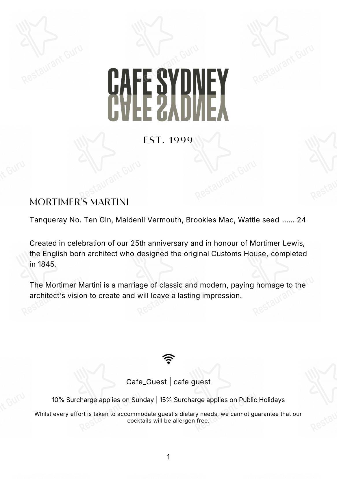 Menu at Cafe Sydney, Sydney, Level 5 Customs House