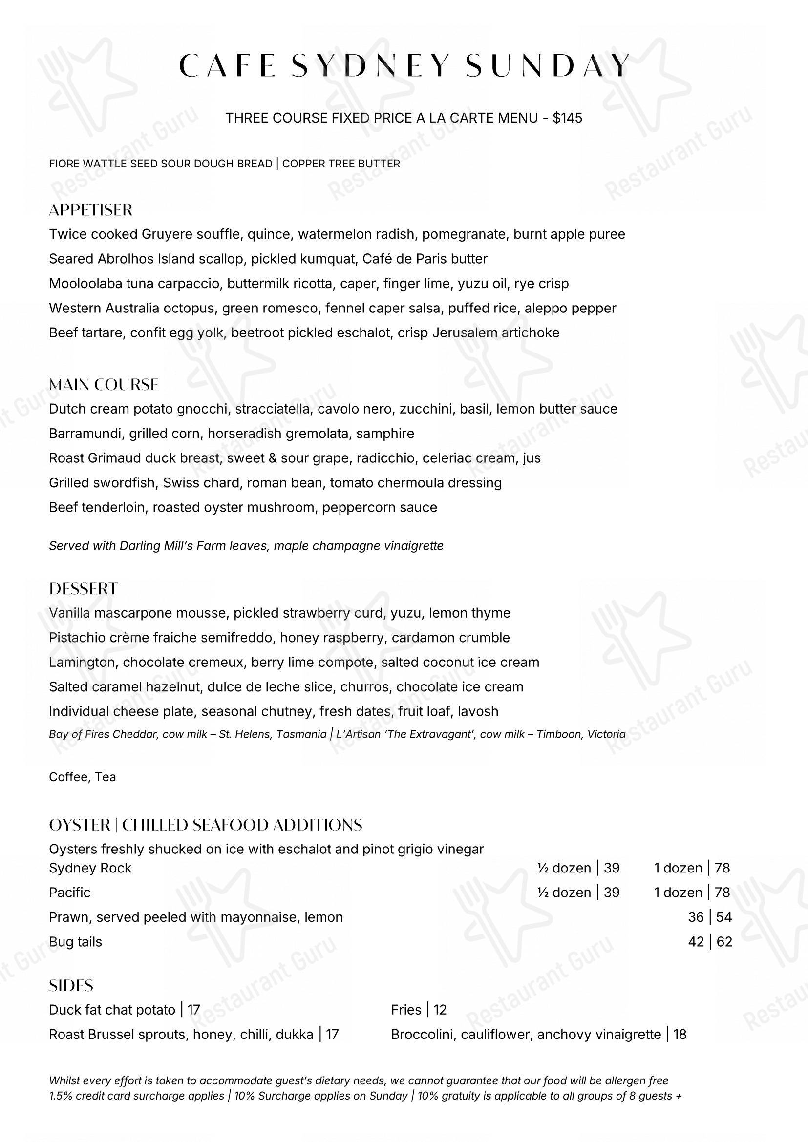 Menu at Cafe Sydney, Sydney, Level 5 Customs House