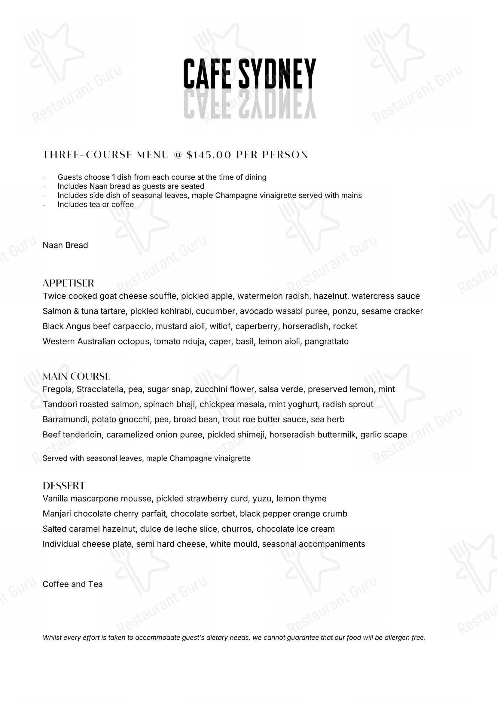 Menu at Cafe Sydney, Sydney, Level 5 Customs House
