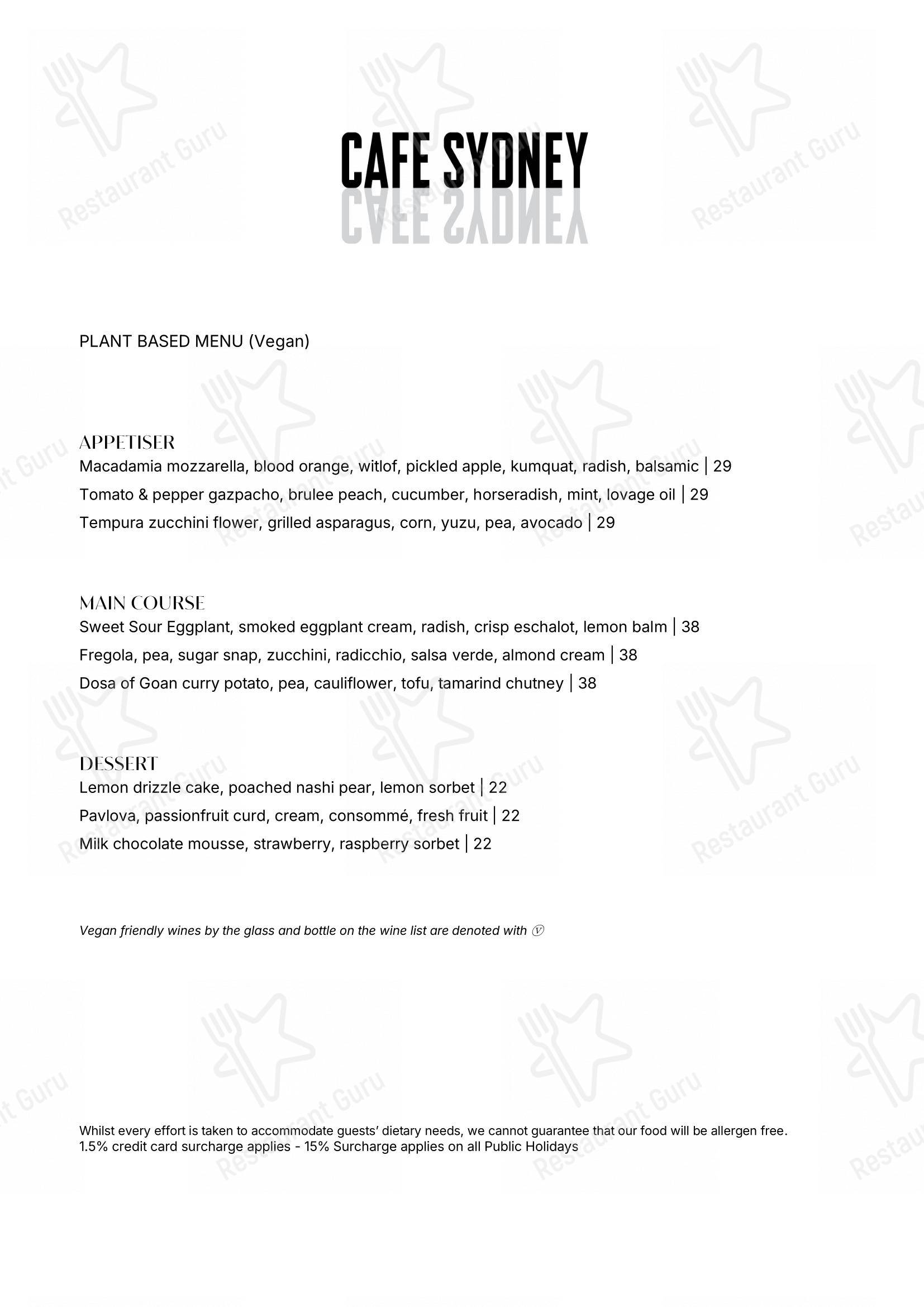 Menu at Cafe Sydney, Sydney, Level 5 Customs House