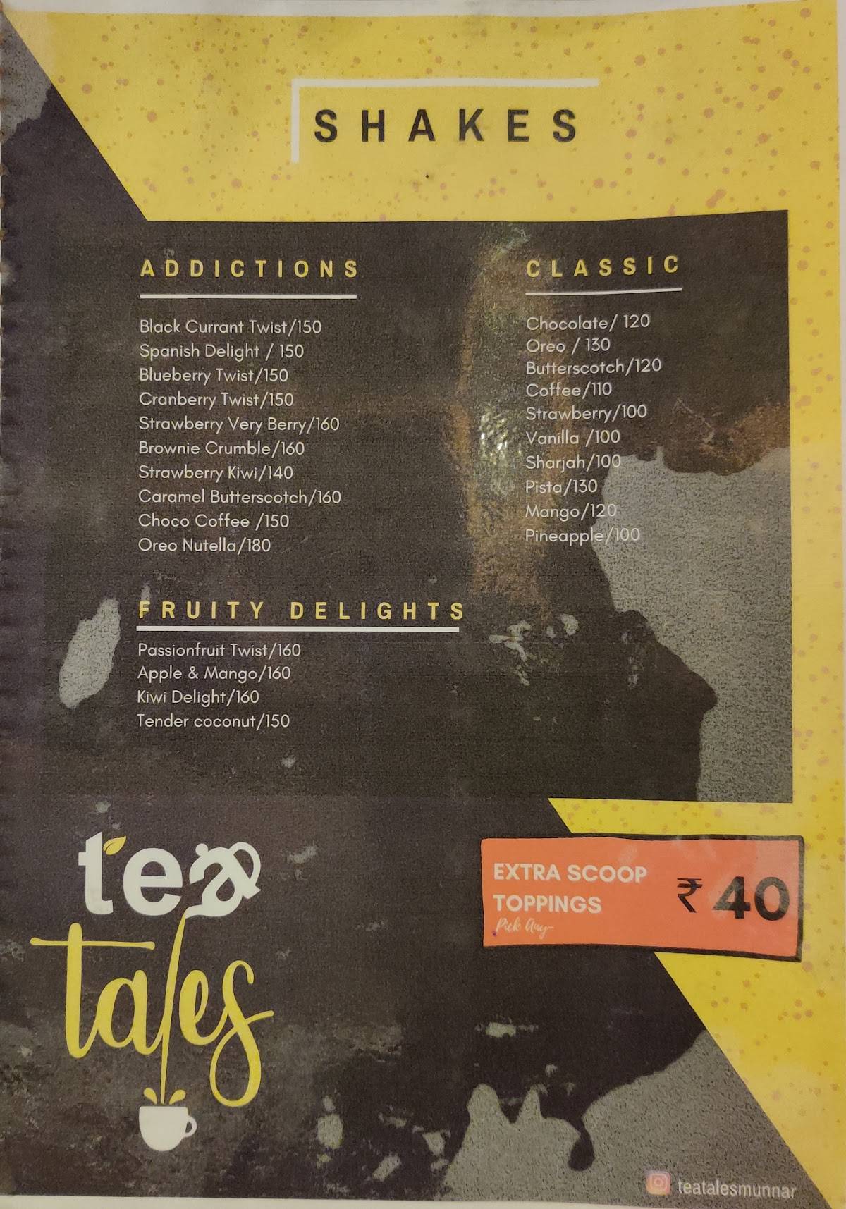 Menu at Tea Tales Cafe, Munnar
