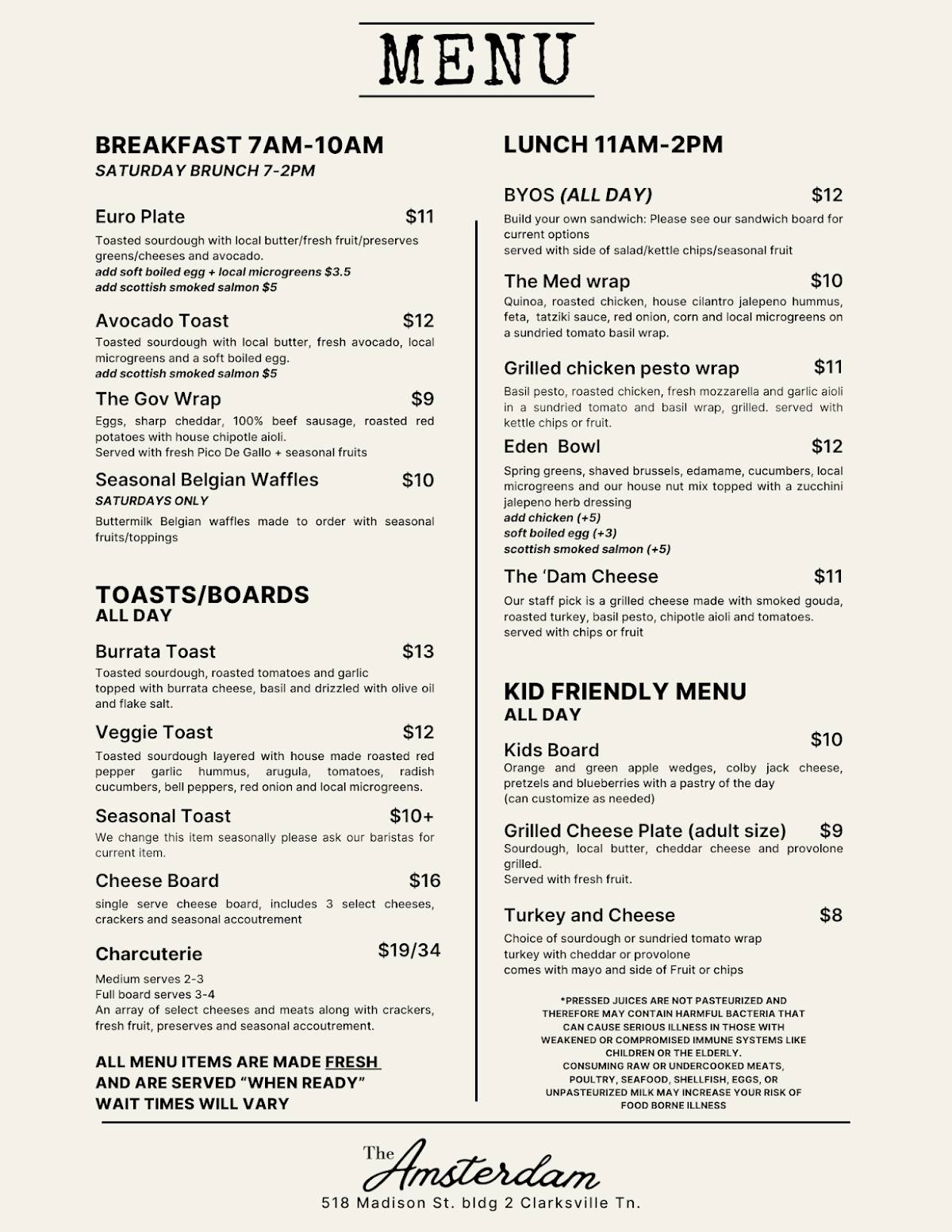 Menu at The Amsterdam Local cafe, Clarksville