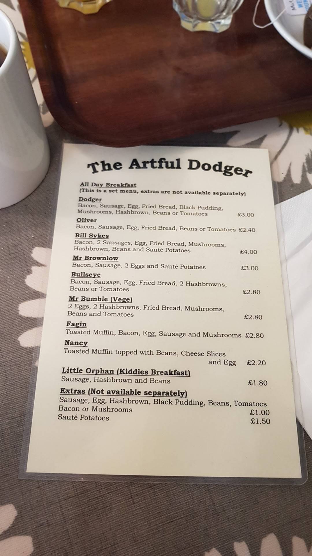 Menu at The Artful Dodger cafe, Burnham-on-Sea