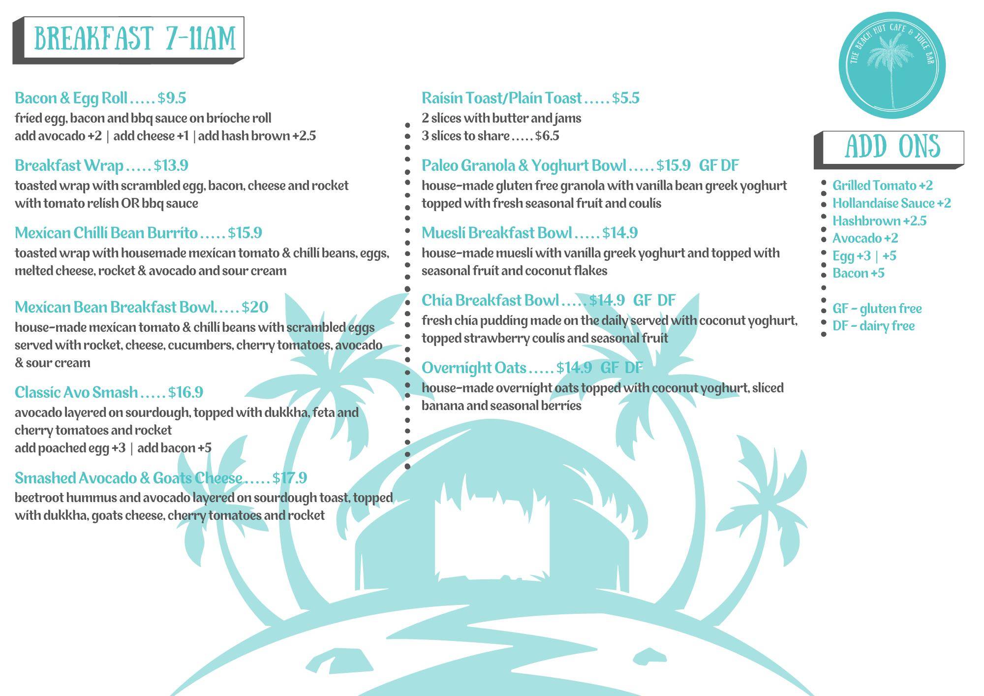 Menu at The Beach Hut Cafe & Juice Bar, Palm Cove