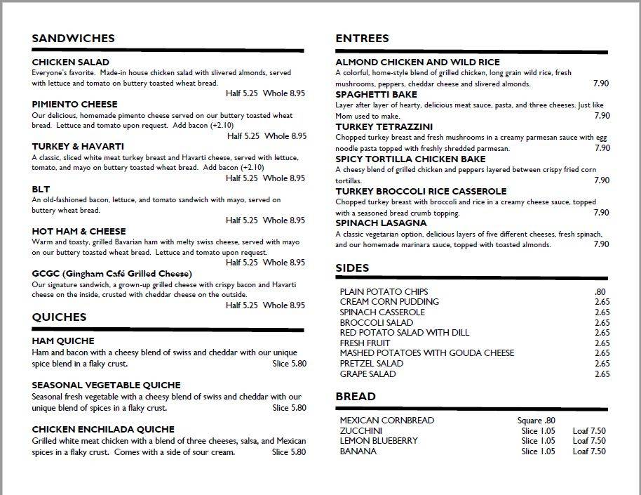 Menu at The Gingham Cafe, Clarksville