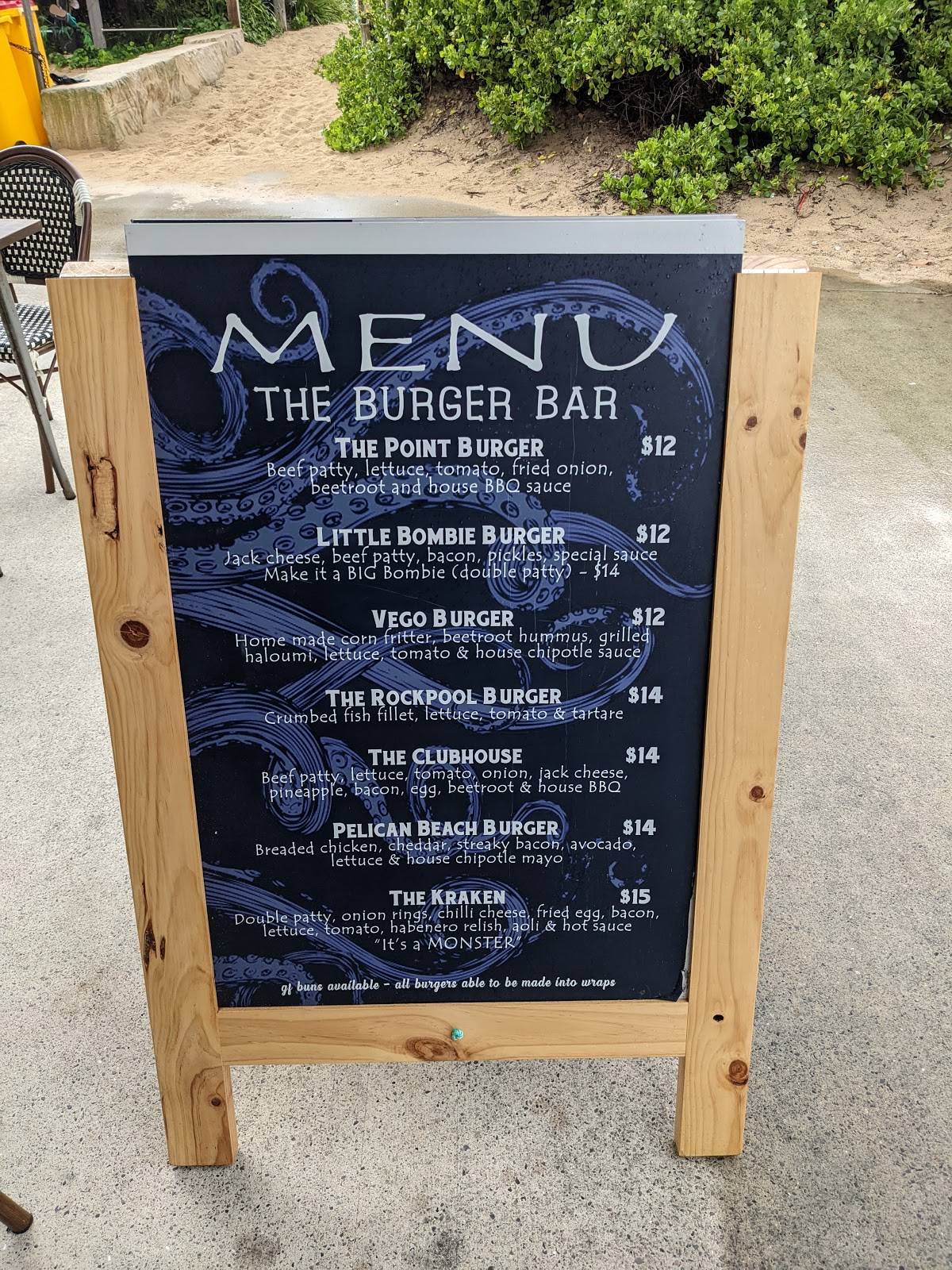 Menu at The Kraken Kiosk cafe, Norah Head