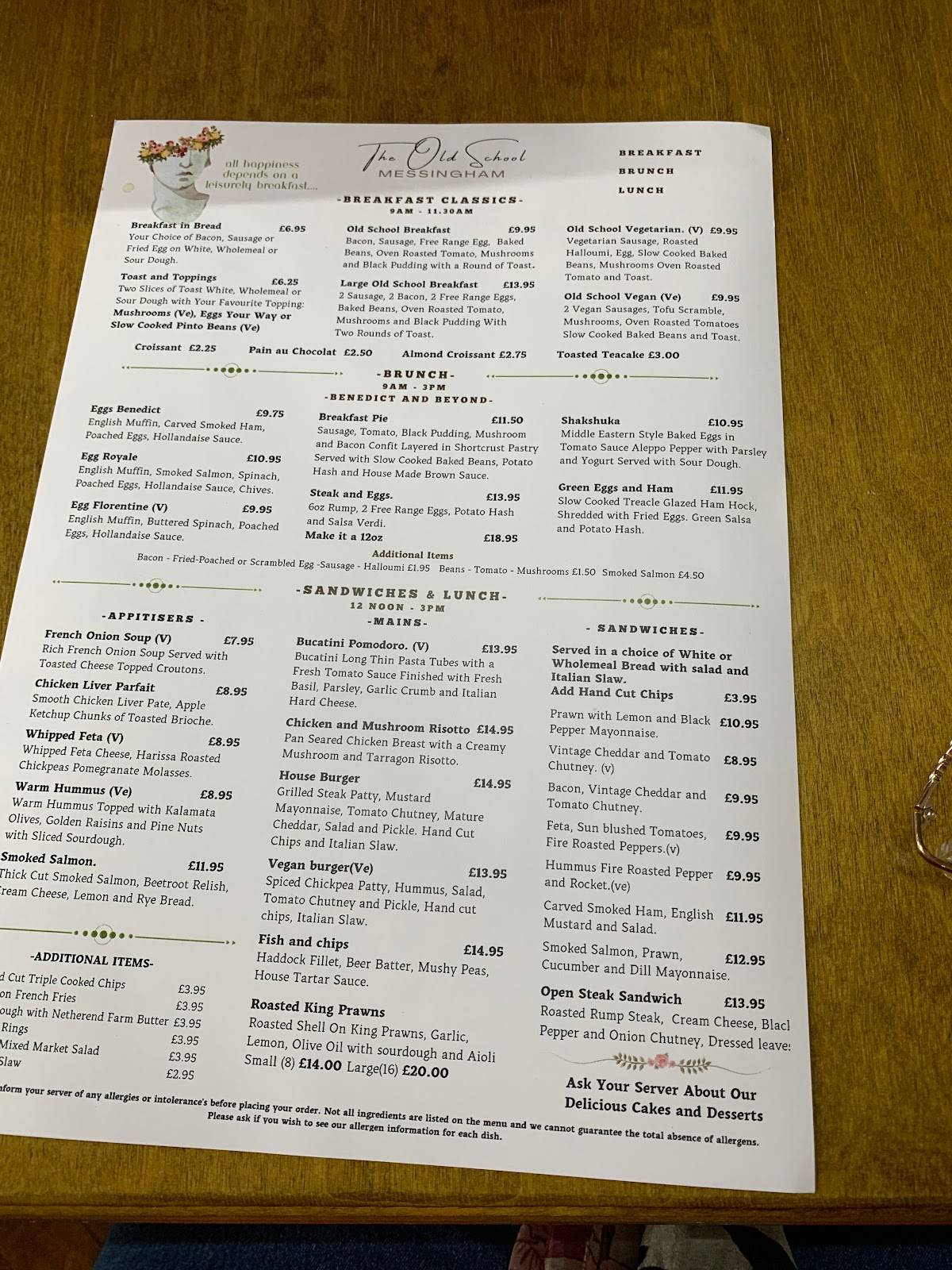 Menu at The Old School Messingham cafe, Scunthorpe