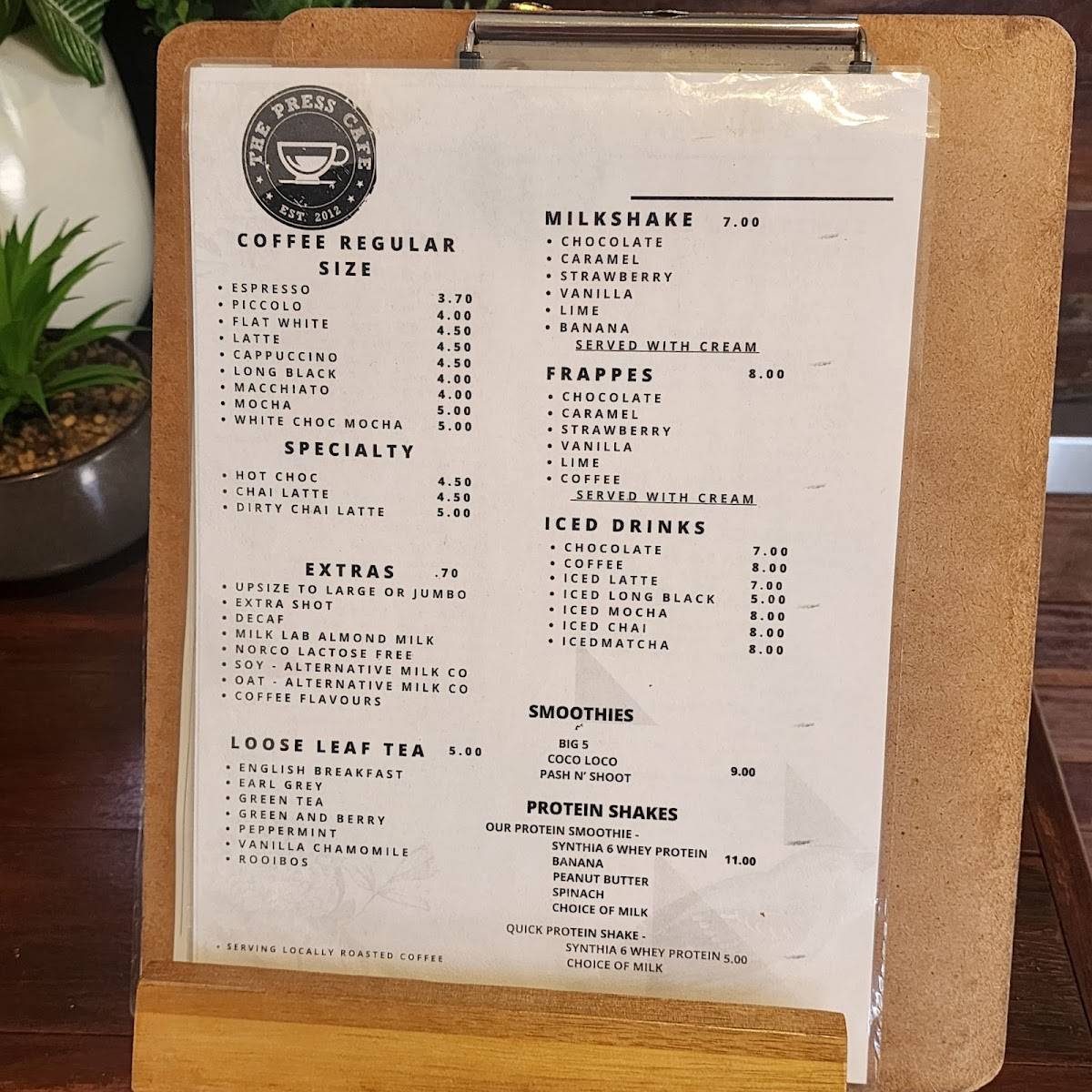 Menu at The Press Cafe, Gold Coast