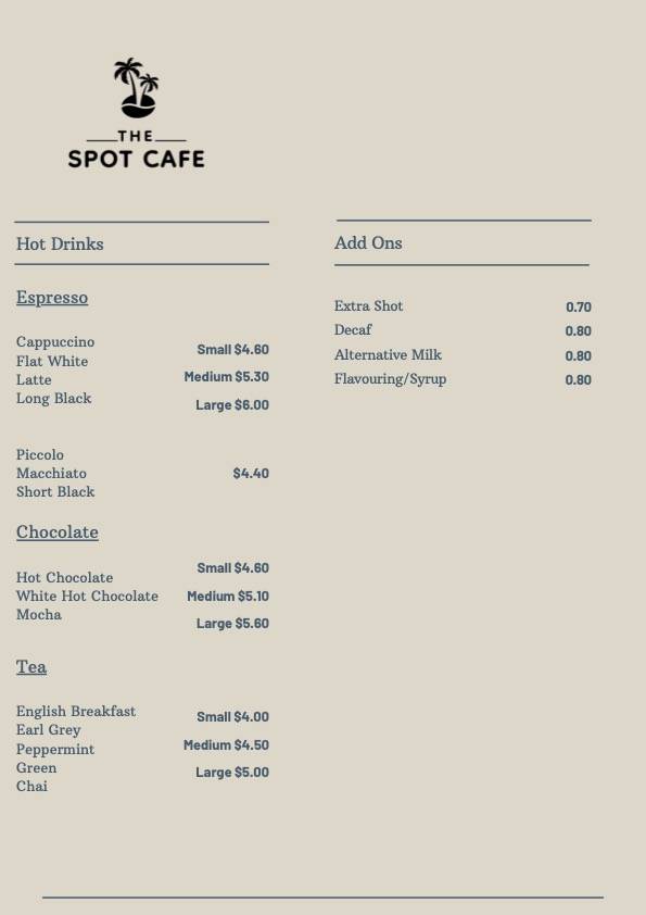 Menu at The Spot Cafe, Kiama