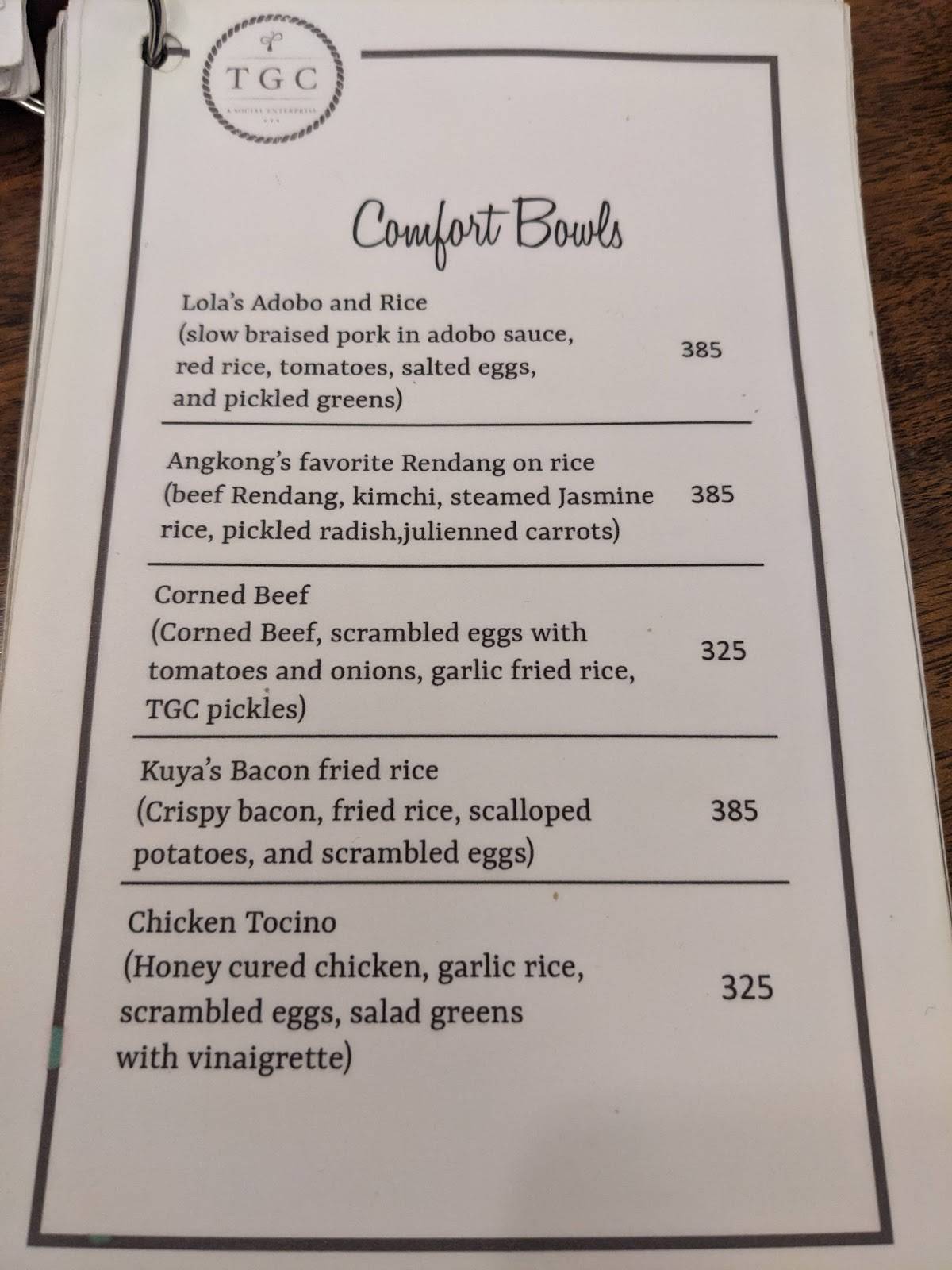 Menu at TheGiving Café (TGC) cafe, Mandaluyong