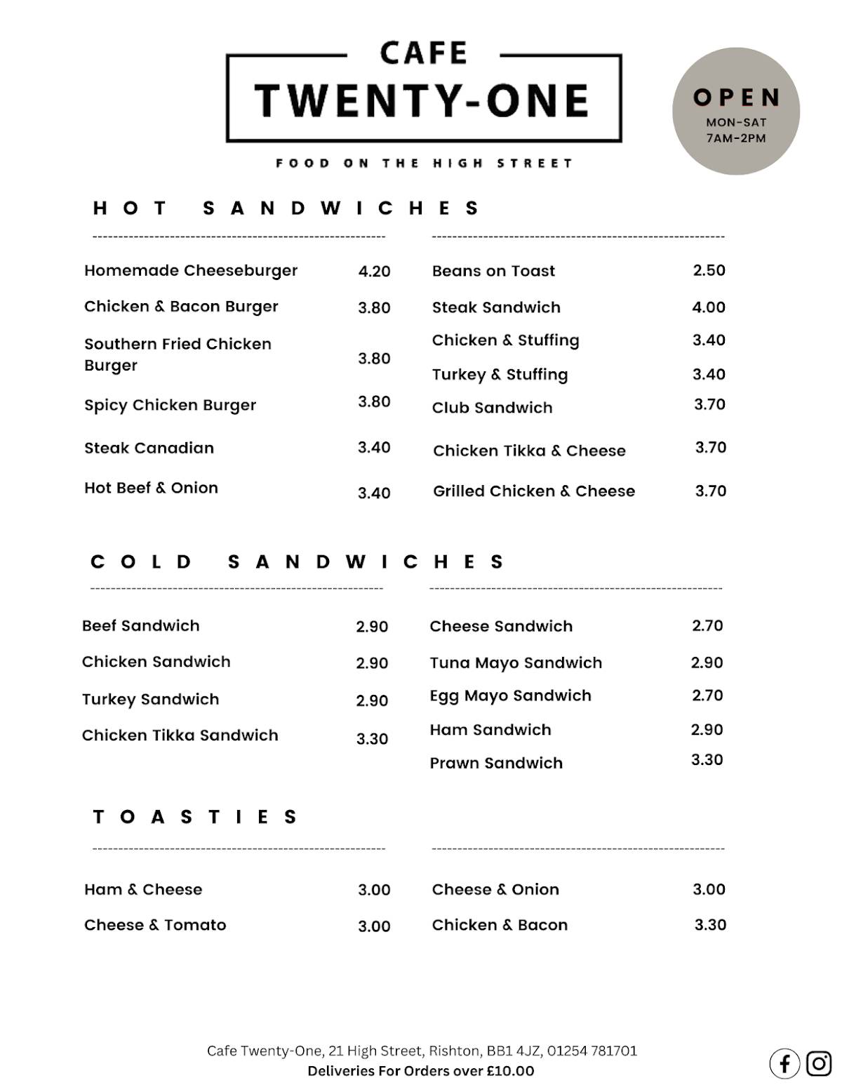 Menu at Cafe Twenty-One, Blackburn