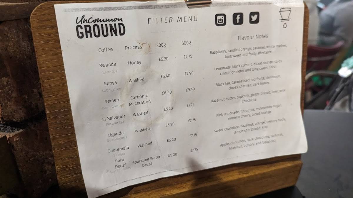 Menu at Uncommon Ground Coffee Roastery cafe, Cardiff, 10-12 Royal Arcade