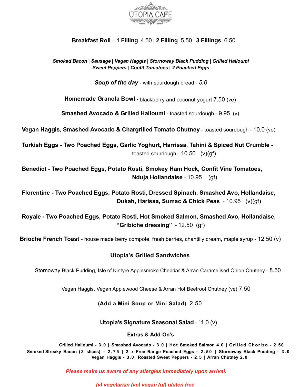 Menu at Utopia Cafe, Inverness