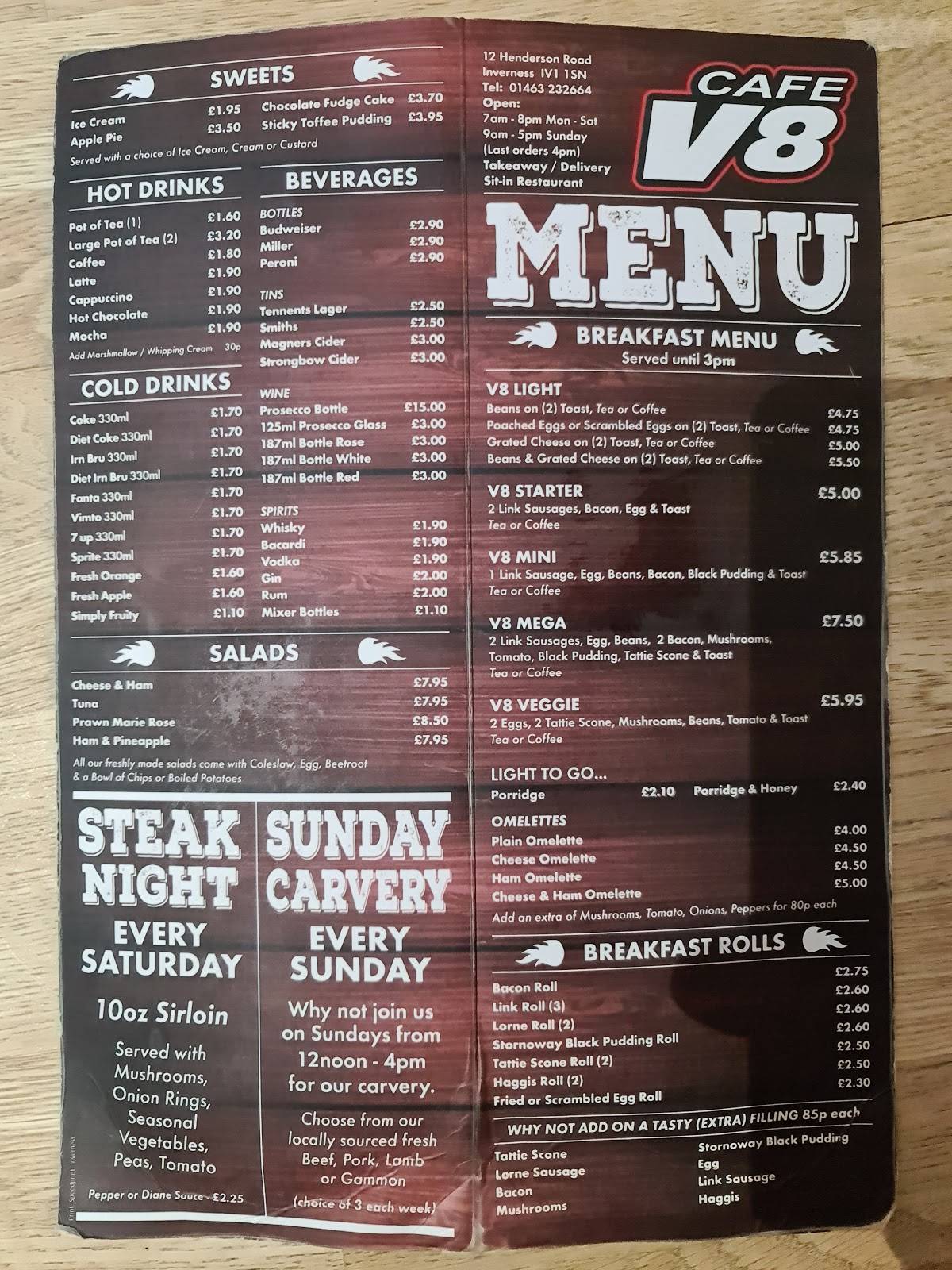 Menu at Cafe V8, Inverness
