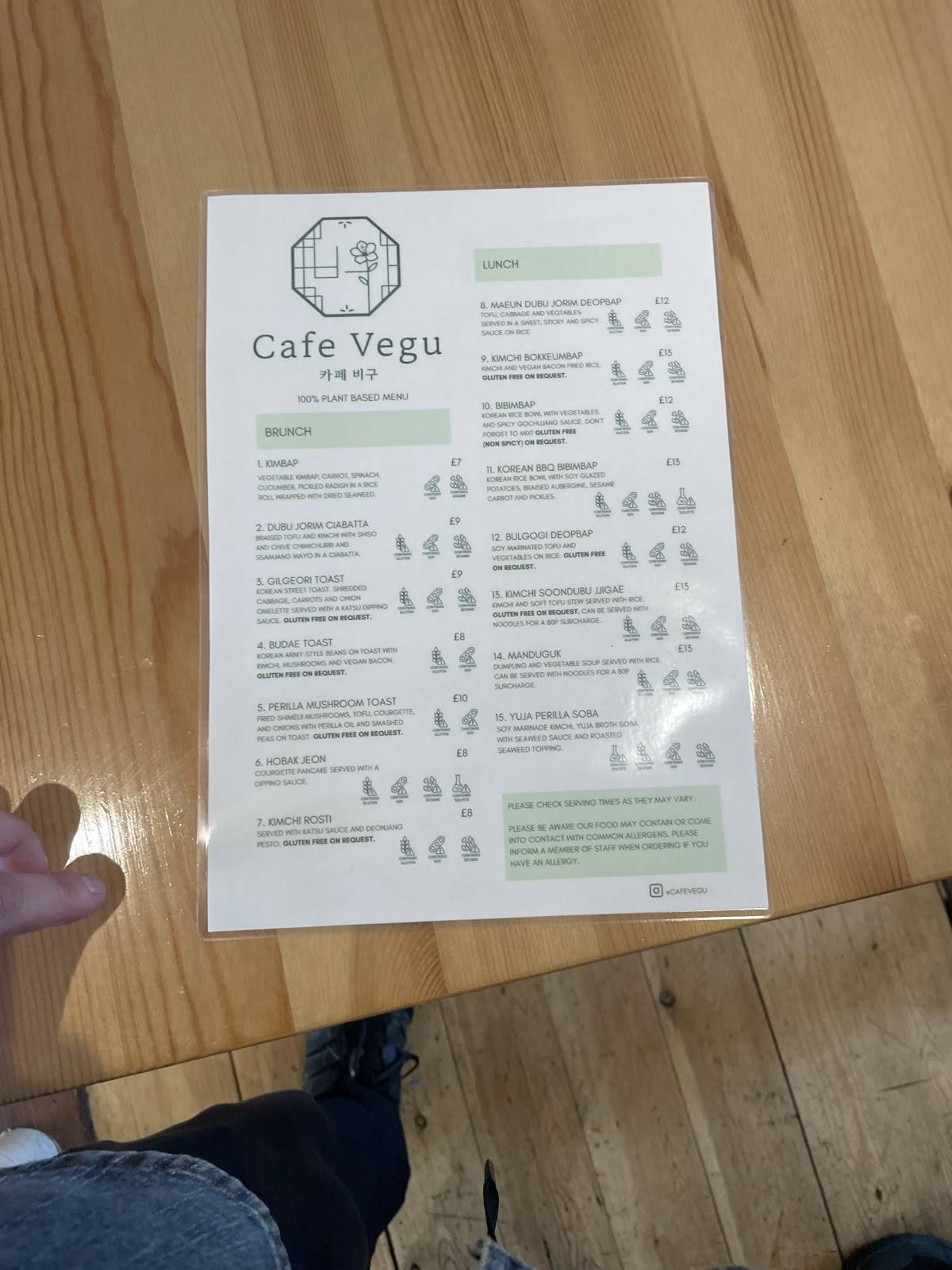 Menu at Cafe Vegu, Lewes