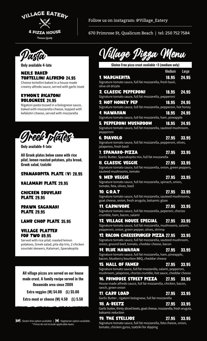 Menu at Village Eatery cafe, Qualicum Beach