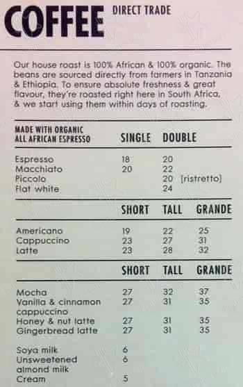Menu at Woolworths Now Now restaurant, Cape Town, 204 Esplanade Rd