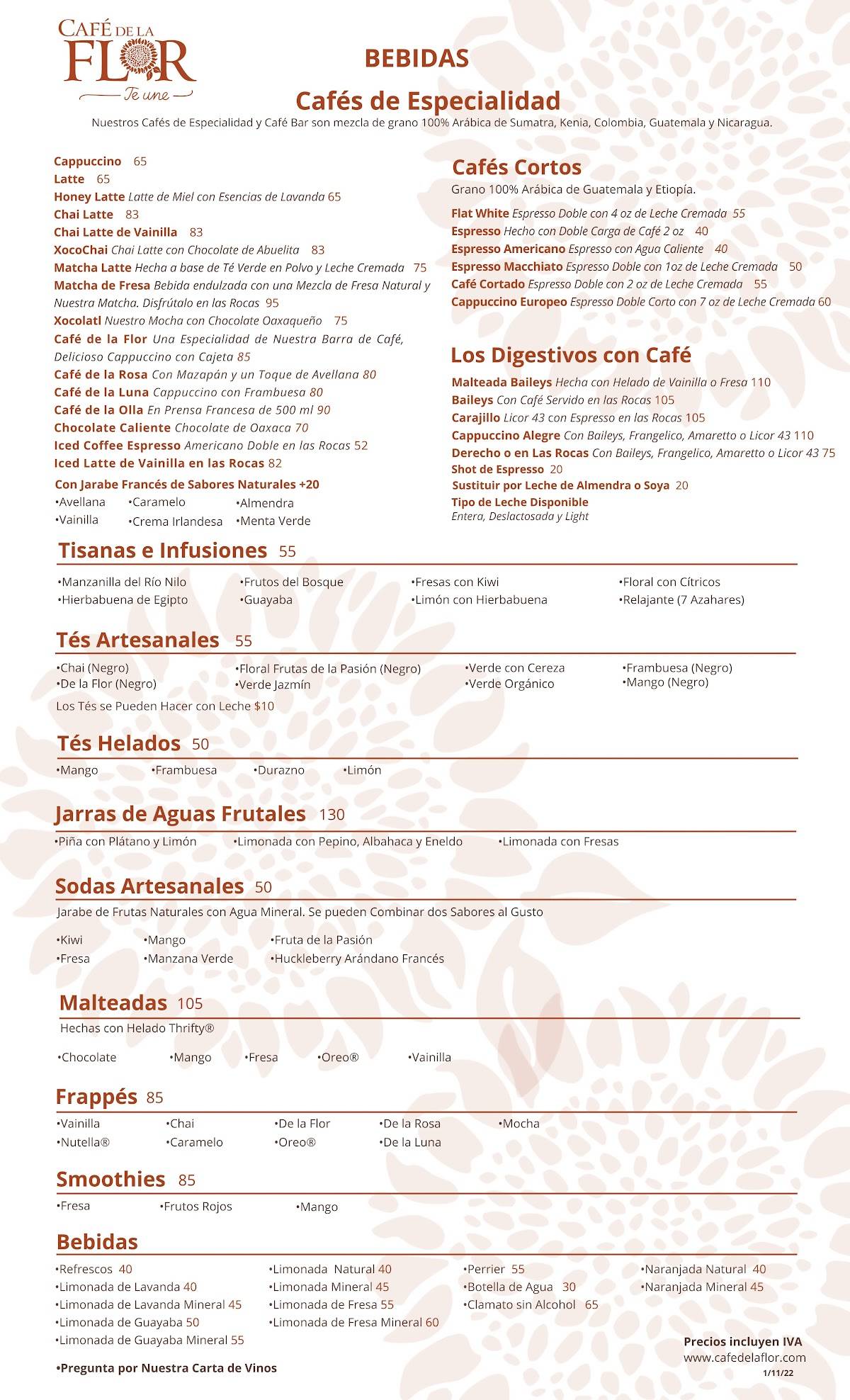 Menu at Café de la Flor Plaza Río, Tijuana, local E-01