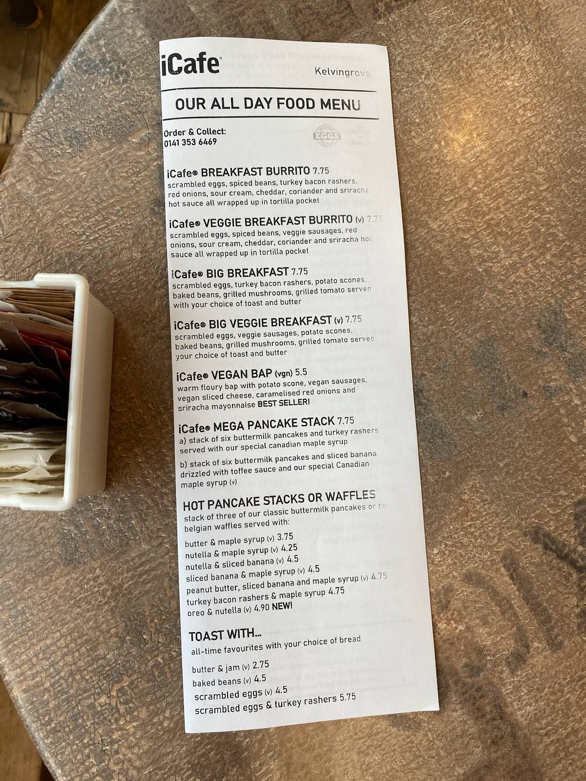 Menu at iCafe Kelvingrove, Glasgow, 250-254 Woodlands Rd