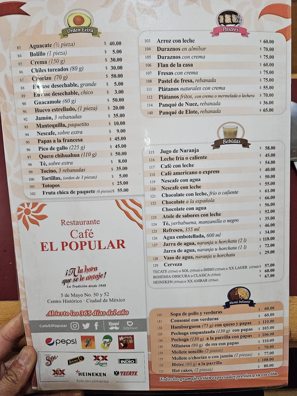 Menu at Café El Popular, Mexico City, Av. 5 de Mayo 50 y 52