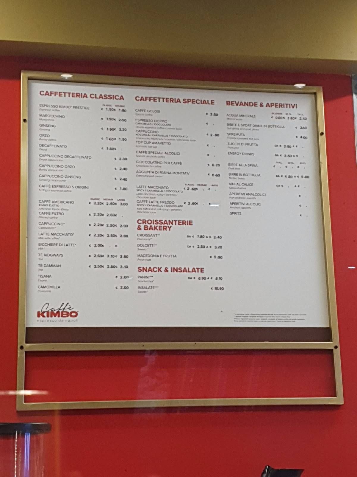 Menu at Caffè Kimbo cafe, Fiumicino, Leonardo da Vinci–Fiumicino Airport